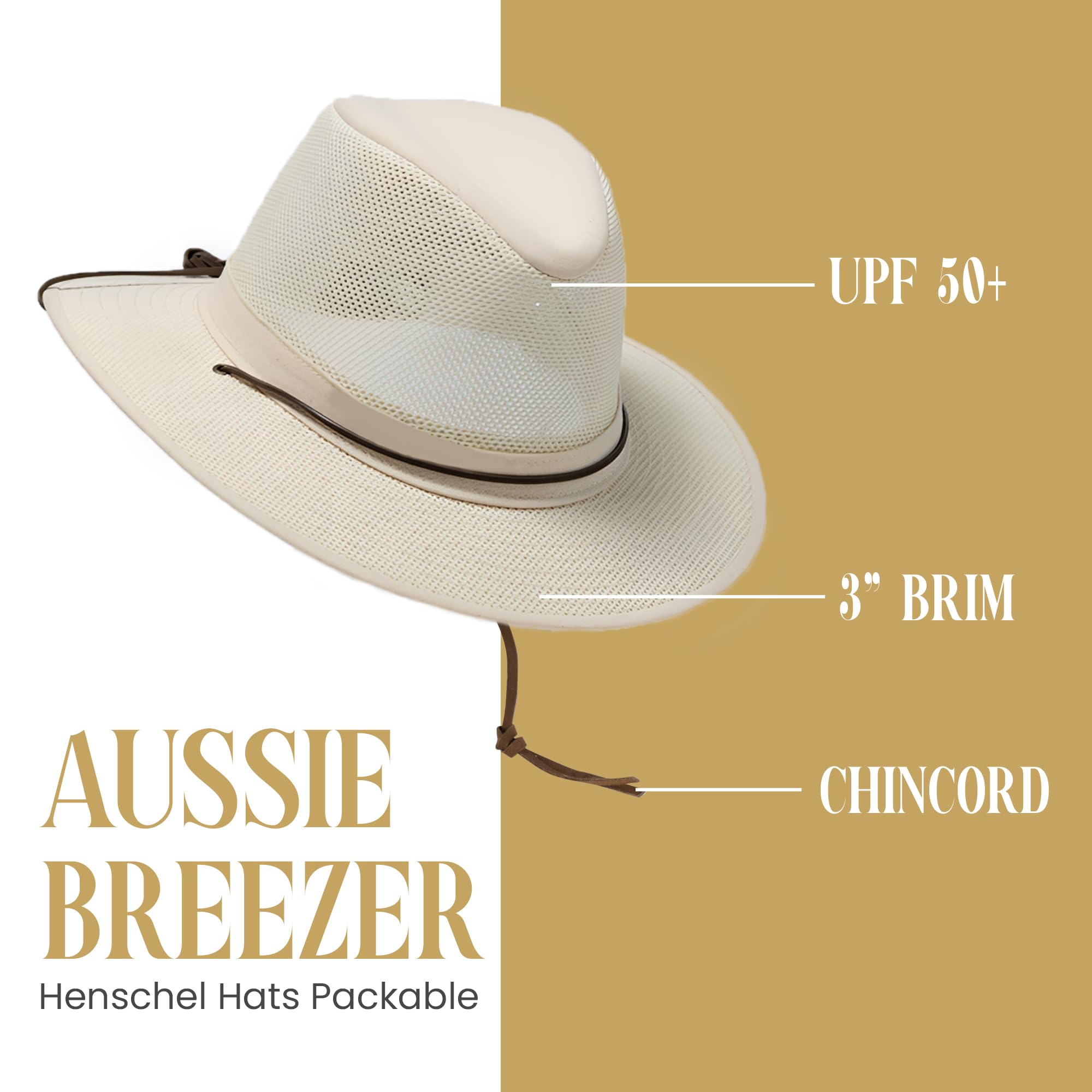 Henschel Aussie Mesh Breezer Hat - Packable Sun Protection for Outdoor Activities. Ideal for Hiking, Fishing & Camping. (US, Alpha, X-Large, Natural)