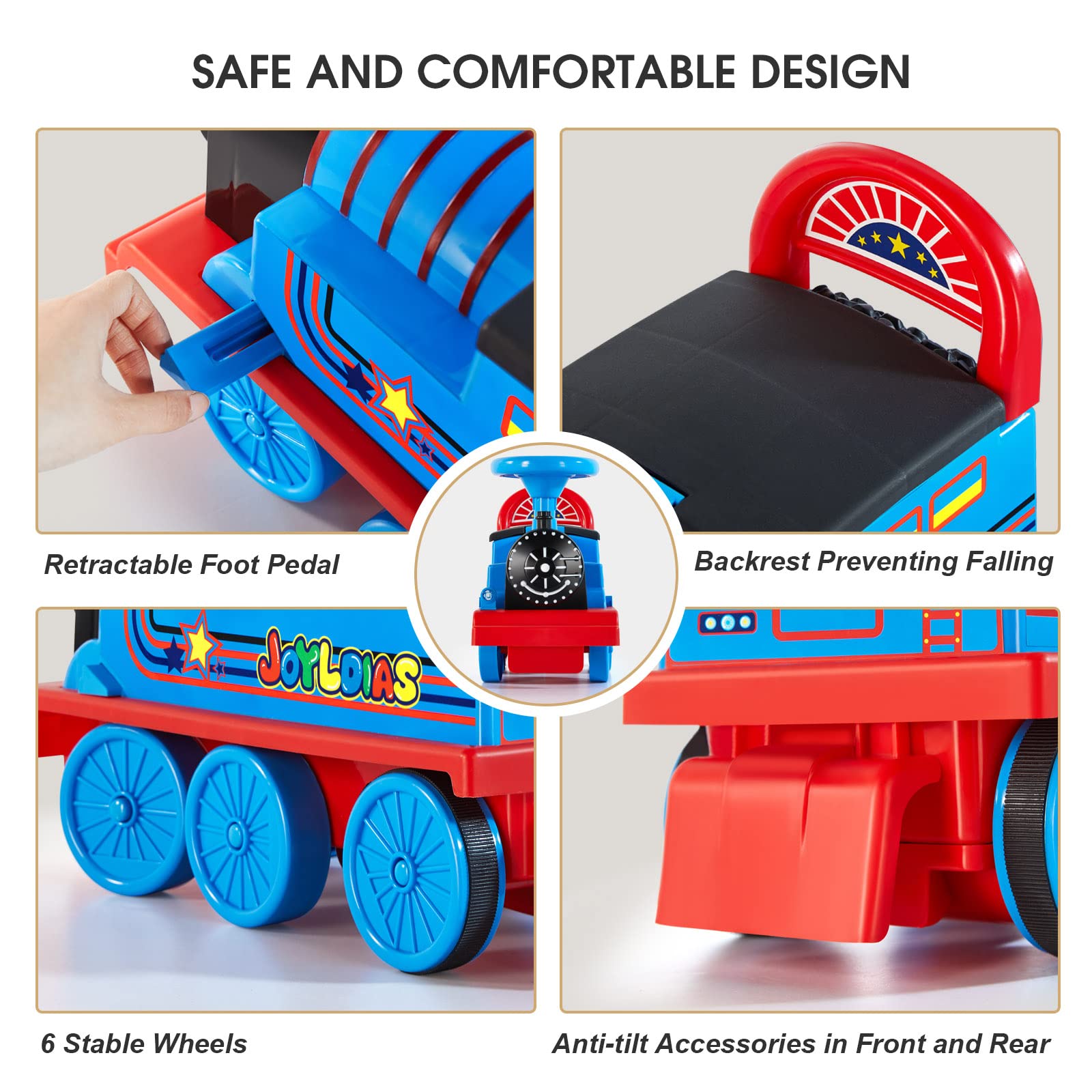 JOYLDIAS Ride On Train with 16pcs Curved Tracks, 6V Electric Ride On Toy Trains with Lights, Horns, Storage, Retractable Foot Pedals, Gift for Toddlers Under 39 inches, Blue