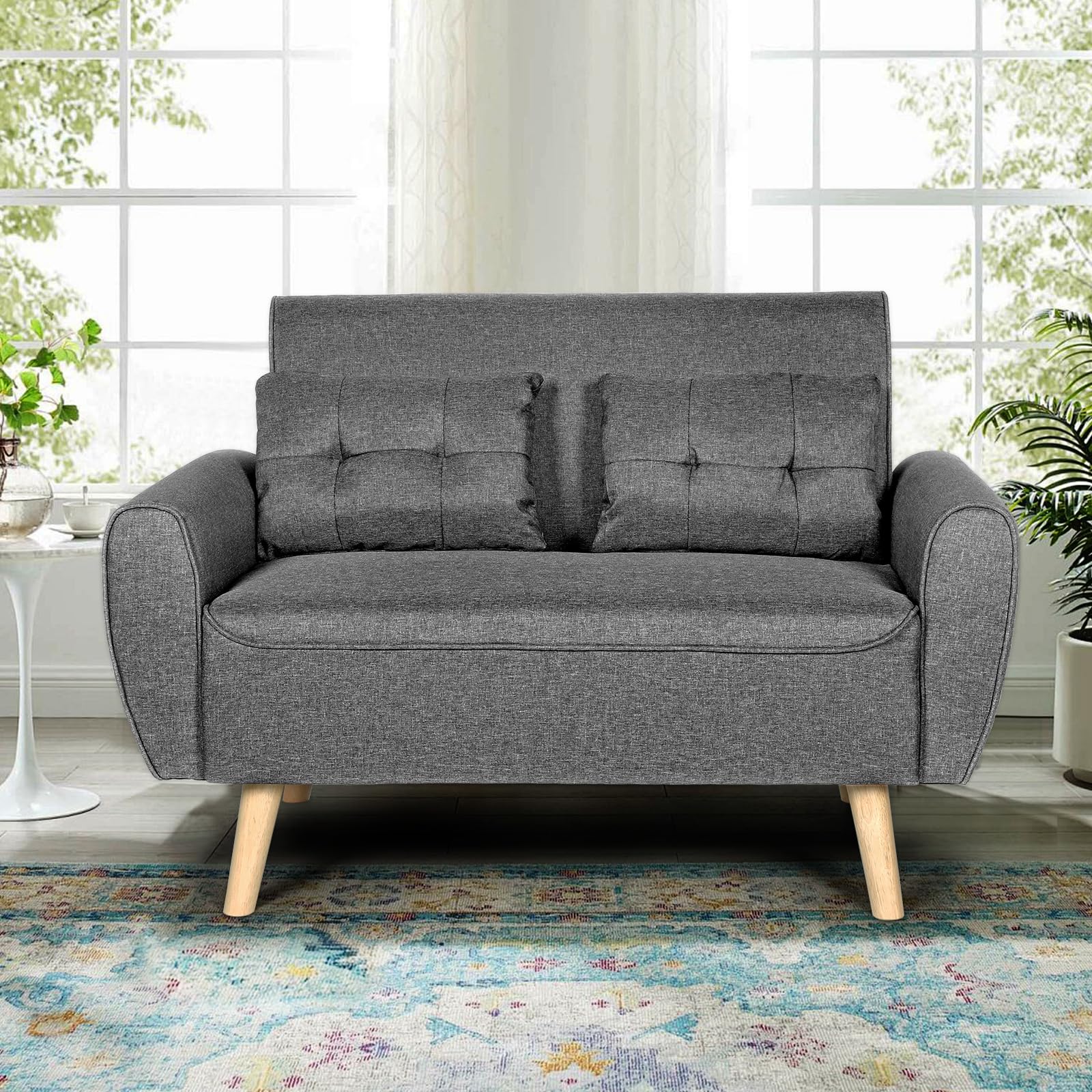 Oakmont 44" Small Modern Linen Fabric Loveseat Sofa, Comfortable and Stylish Love Seat with 2 Pillows and Thick Cushion, Durable Wood Leg Couch for Small Space, Living Room, Bedroom, Apartment (Grey)