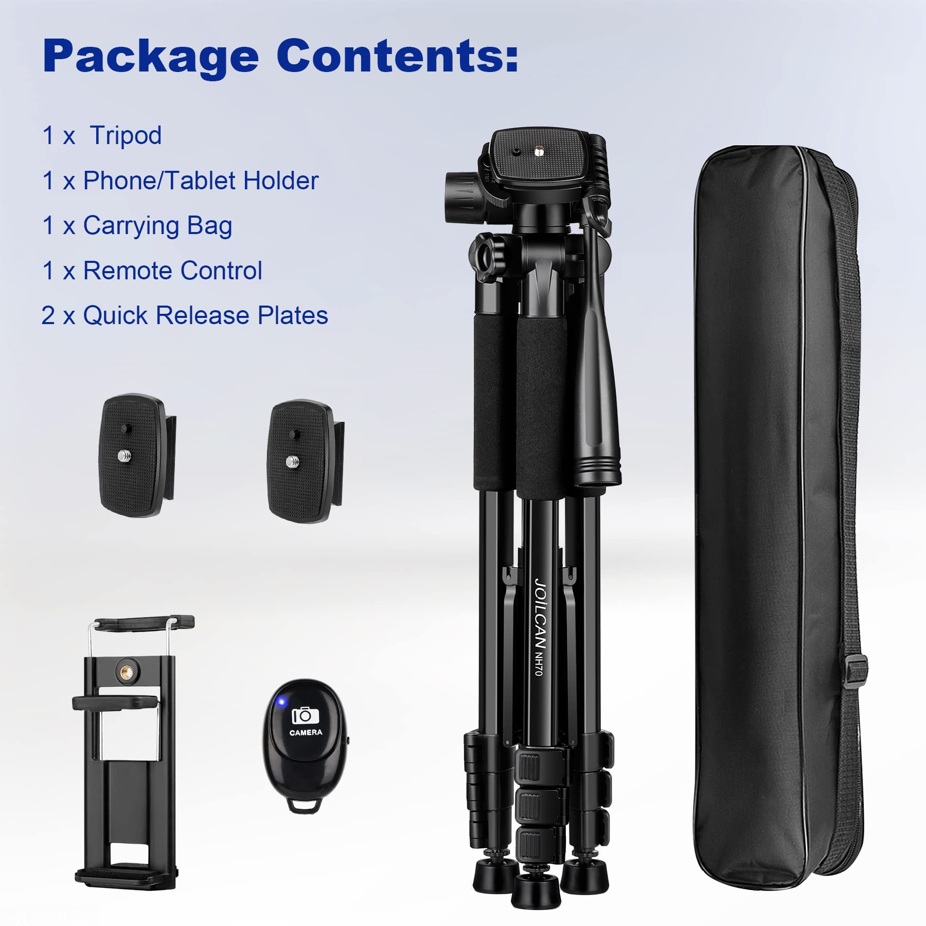 JOILCAN Camera Tripod, Heavy Duty Tripod for Camera, 67" Phone Tripod for Video Recording Photo Vlogging, Aluminum Phone Tripod with Remote & Travel Bag for DSLR Camera Phone Projectors Lasers