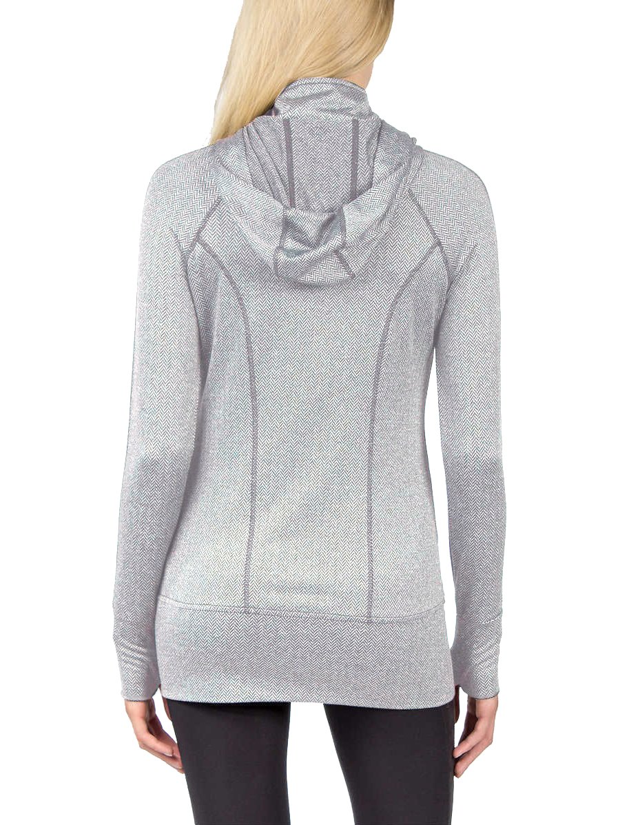 GGEZ Mondetta Women's Long Jacquard Hooded Knit Jacket (Gray/White Herringbone, X-Large)