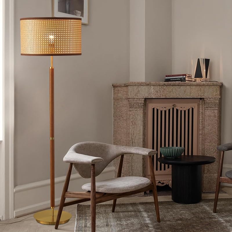 HALOU Simple and Warm Floor Lamp Living Room Sofa Study Bedroom Bed Rattan Woven Retro Upright Table Lamp