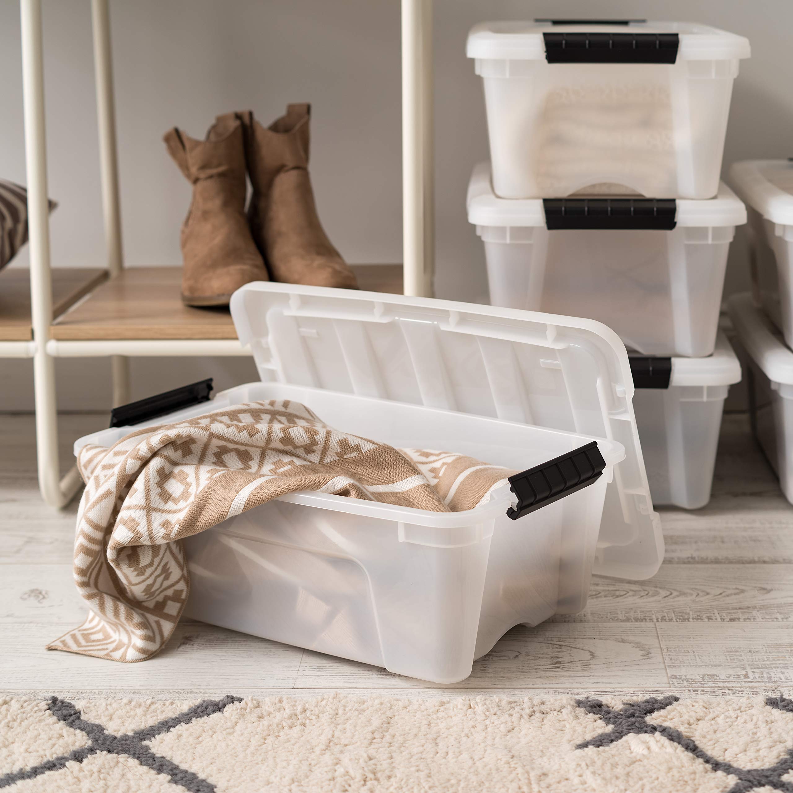 IRIS USA, Inc. TB-42 12 Quart Stack & Pull Box, Multi-Purpose Storage Bin, 6 Pack, Pearl & USA CNL-5 Storage Box, 5 Quart, Clear, 20 Pack