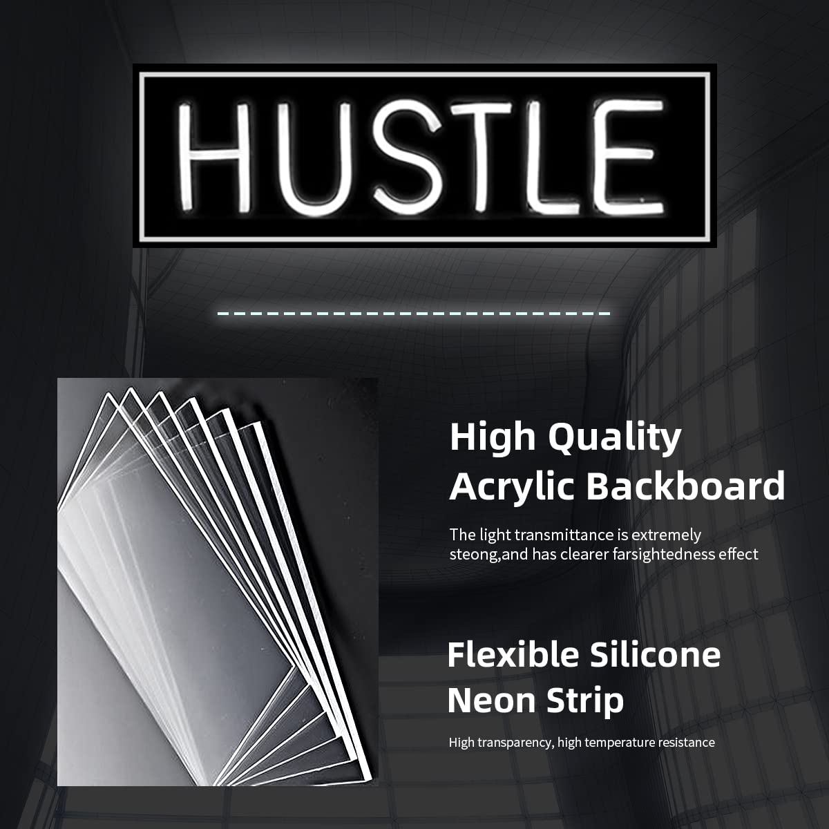 HUSTLE LED Neon Sign Novelty Light Wall Art Decorative Wall Hanging Sign for Bedroom Living Room Kid’s Room Party Home Decor Neon Night Light USB Powered Large 19.7x4.9” White