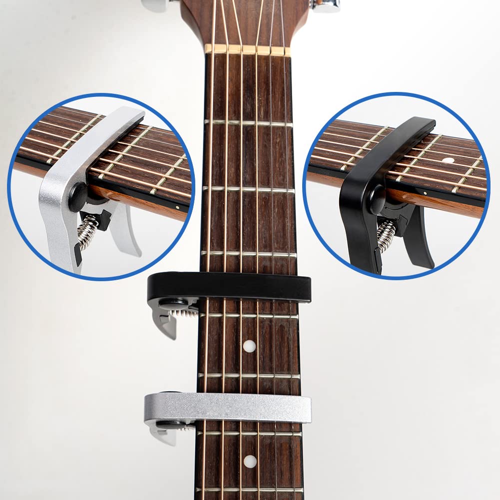 JOYO Guitar Capo Combo Steel Metal Light Weight for Acoustic and Electric Guitar Bass Ukulele Accessories (Black & Silver 2 Pack)
