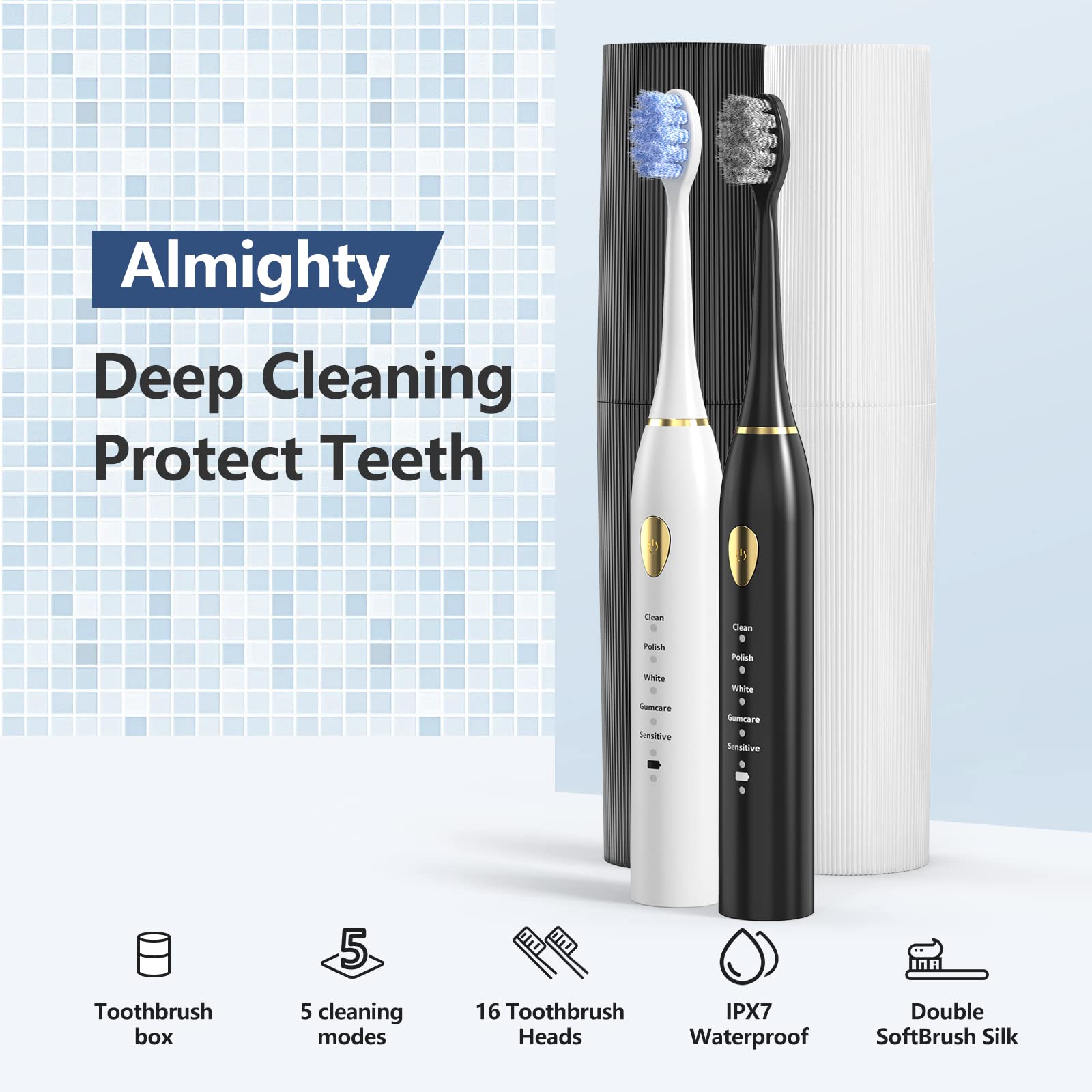 MOROLURU Electric Toothbrush Duo Dual Handle 5 Modes with Smart Timer and 16 Brush Heads & 2 Travel Cases Including IPX7 Waterproof ,Black&White
