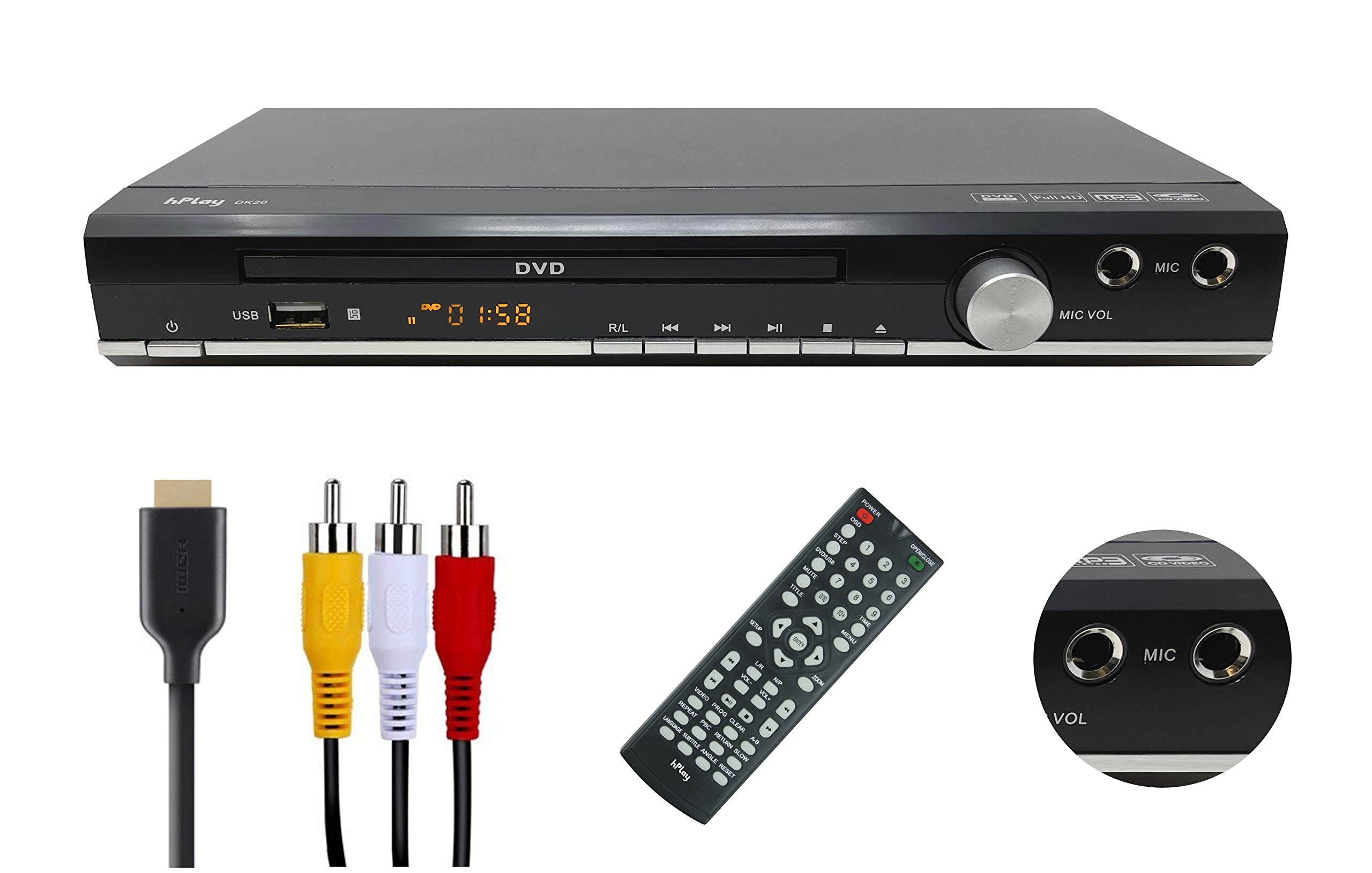 hPlay D20K Upconvert to 1080P DVD, CD Multimedia Player, Region Free, HDMI and RCA Output, USB Port, 2 Microphone Input with Microphone Volume Control (Microphone NOT Included), Top Metal Casing