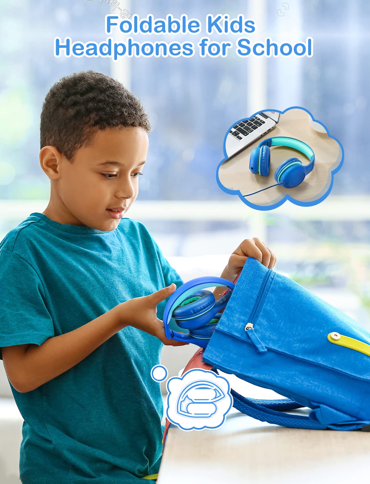 Kids Headphones with Microphone, KLYLOP Wired Headphone Over-Ear for Kids for School, 85/94dB Volume Limiter, Girls Boys Headphones for Kid with Share Function, Foldable Headset for iPad Kindle Tablet