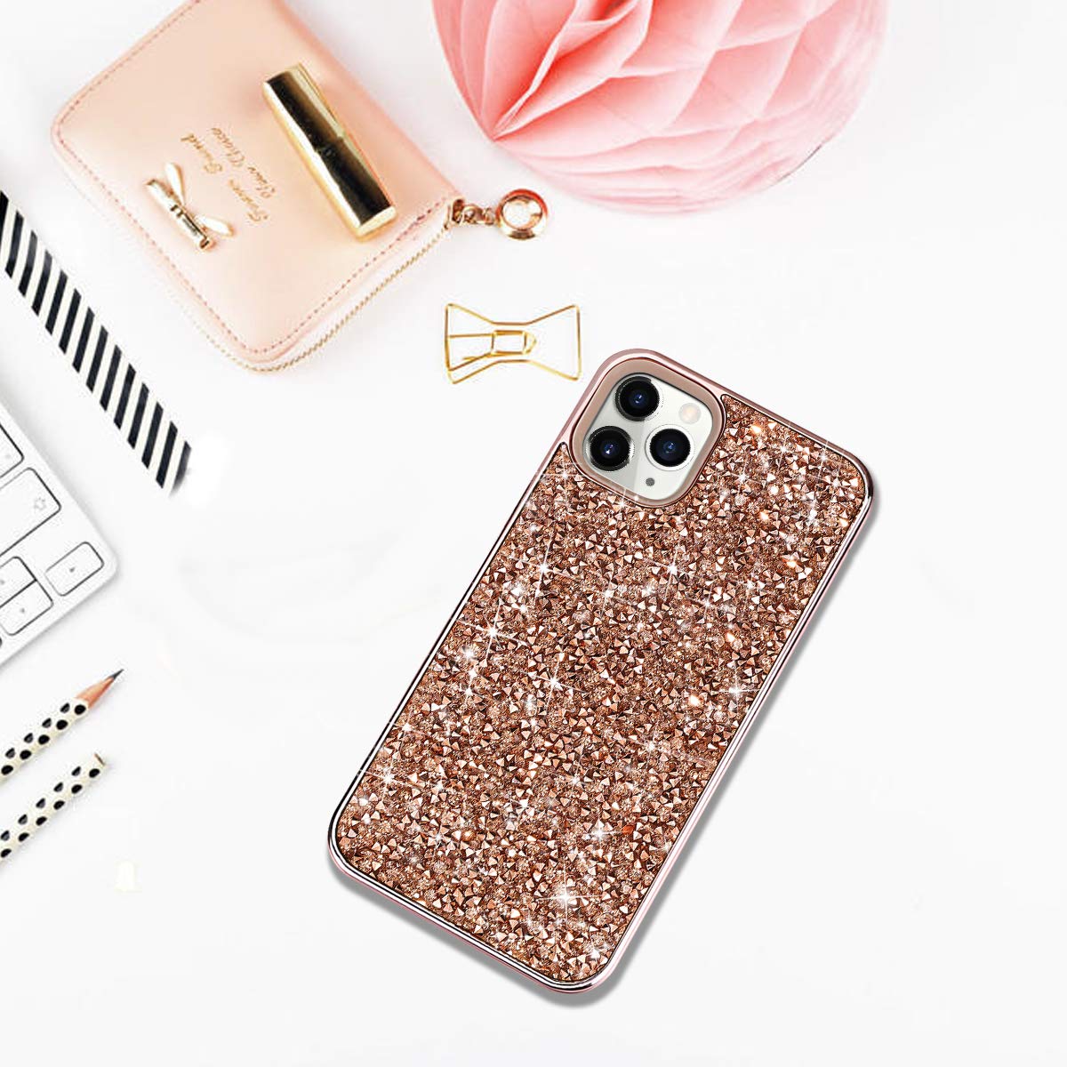 HoneyAKE Compatible with iPhone 12 Pro Max Case Bling Rhinestone Sparkly Crystal Diamond Shockproof Handmade Dual Layer Hard Rubber Bumper Protective Cover Compatible with iPhone 12 Pro Max Rose Gold