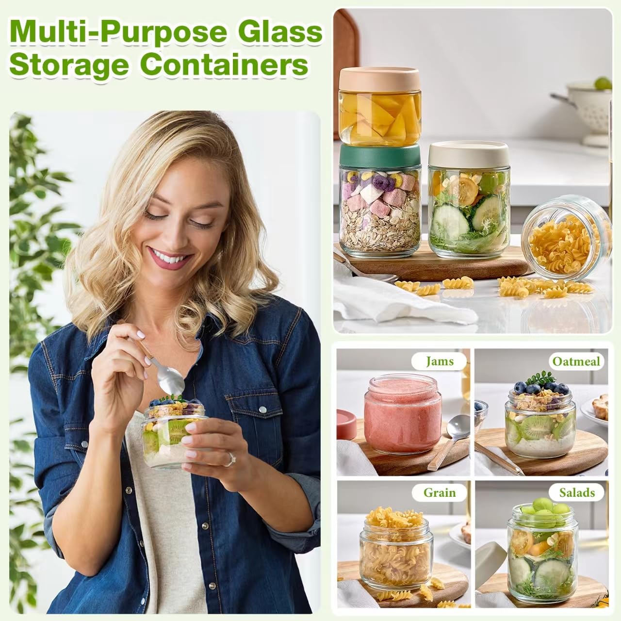 Qipecedm 8 Pack Overnight Oats Containers with Lids, Large & Small Glass Mason Jars 16oz & 10 oz, Breakfast Oatmeal Container to Go, Salad Meal Prep Jars for Food Storage, Mush Chia Seed Pudding Jars