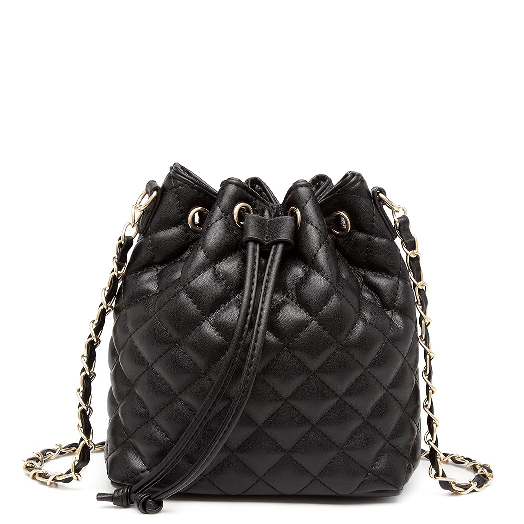 MCK Quilted Bucket Crossbody Bag and Purse for Women Drawstring Soft Vegan Leather Shoulder Bags (Medium to Small Size)