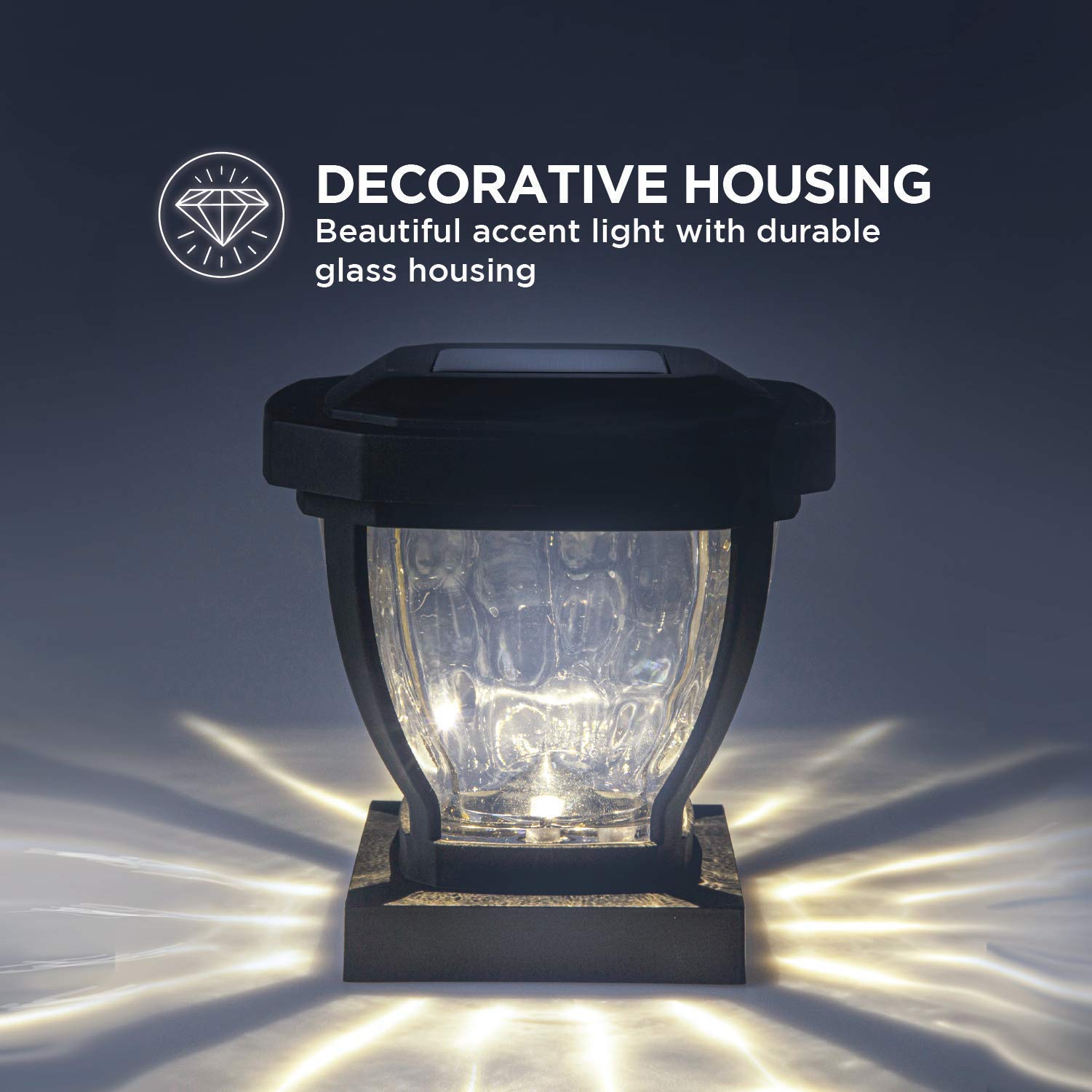 Home Zone Security Solar Post Cap Lights - Decorative Glass LED Outdoor Fits 3.5 x 3.5 in. Post Lights, Black (2-Pack)