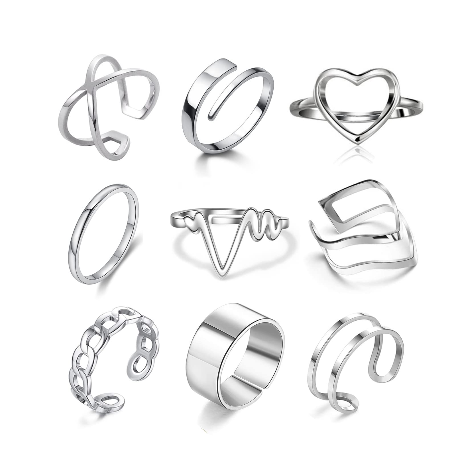 Loqimu 9 Pack Stackable Rings for Women Stainless Steel Rings Aesthetic Adjustable Silver Rings Set for Teen Girls Simple Finger Rings Knuckle Midi Rings Size 9 8 7 10 Vintage Jewelry Rings