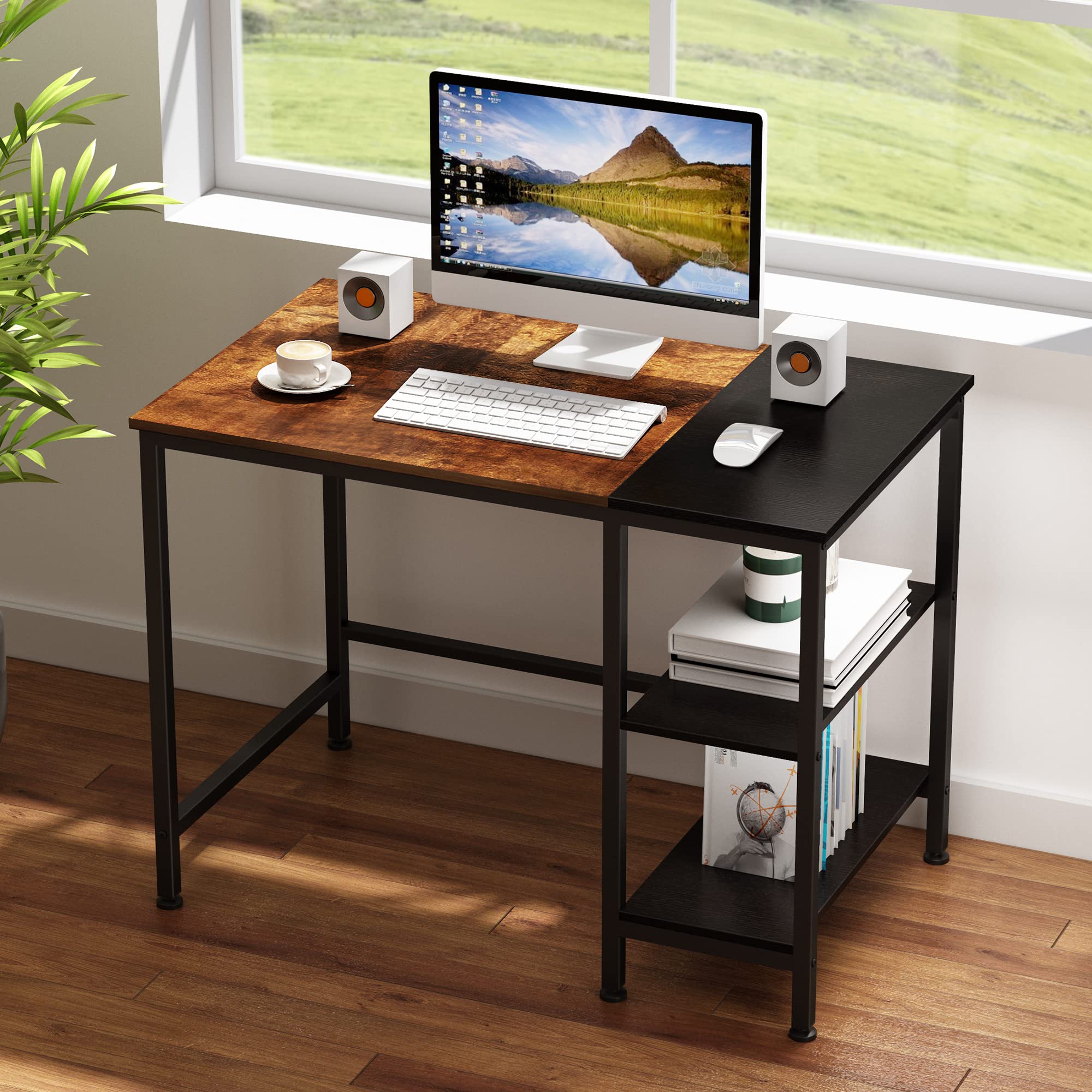 JOISCOPE Home Office Computer Desk,Small Study Writing Desk with Wooden Storage Shelf,2-Tier Industrial Style Laptop Table,Gaming Table with Splice Board,47 inches,(Vintage Oak Finish)
