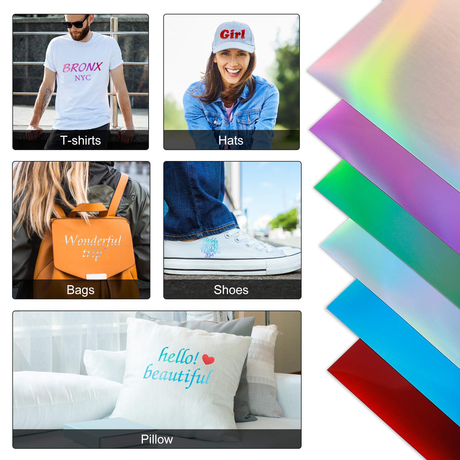 Holographic Heat Transfer Vinyl, HIRALIY 15 Sheets 12" x 10" Sparkly Rainbow Laser Iron on Vinyl 19 Pack HTV Bundle Including Teflon Sheets Weeding Tweezers Scraper for Cricut