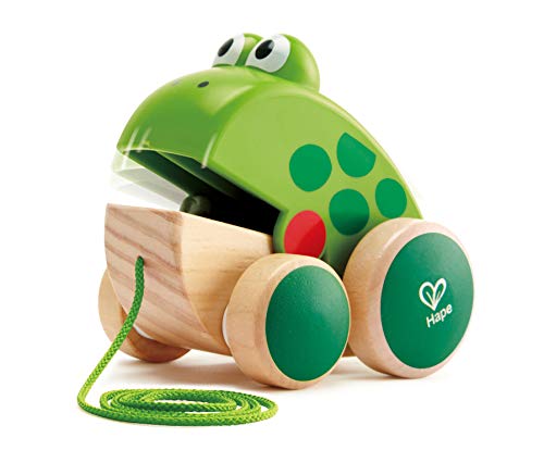 Hape Frog Pull-Along | Wooden Frog Fly Eating Pull Toddler Toy, 4.6 x 3.3 x 3.8 inches, Green