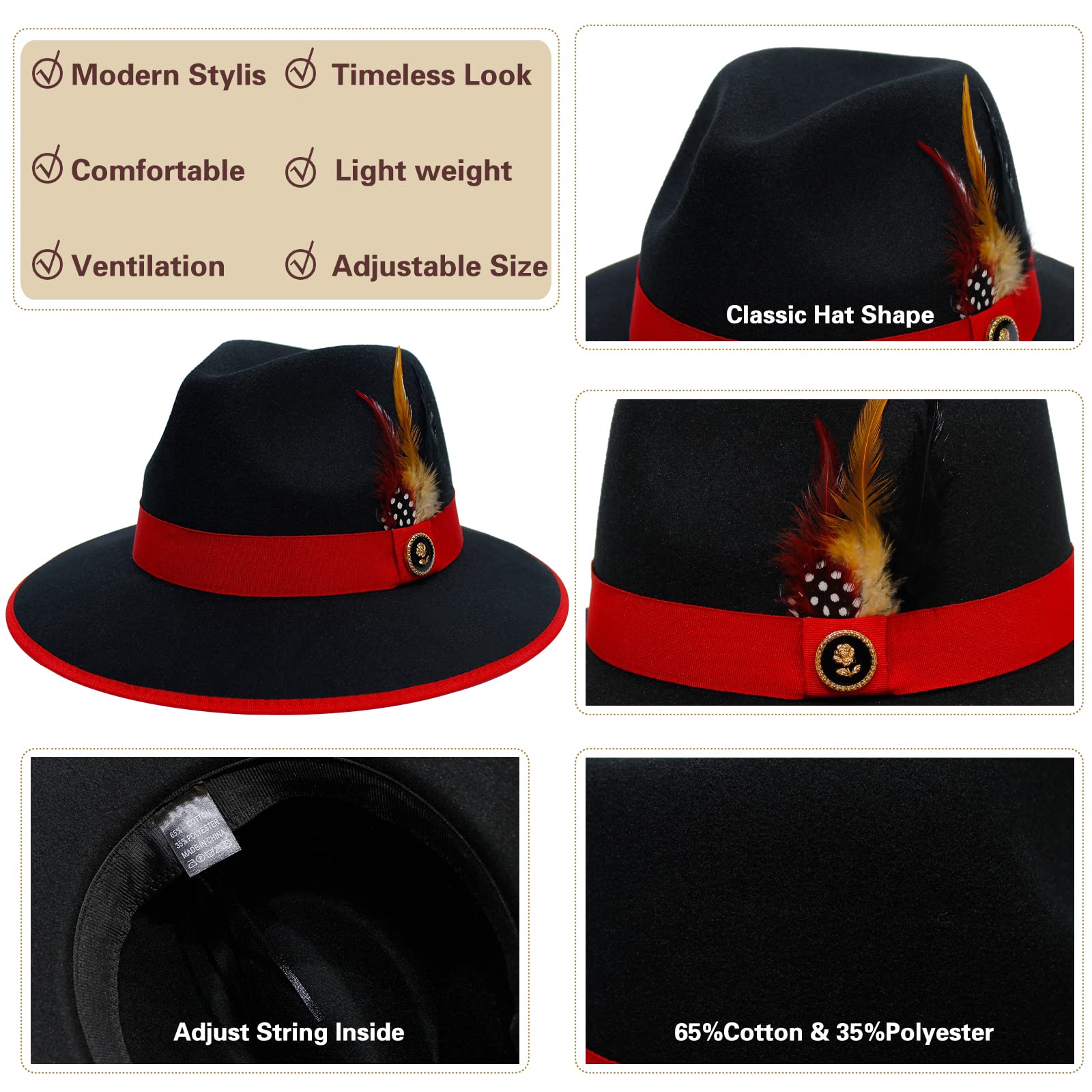 Kalerona Black Fedora Hat for Men & Women Red Trim with Band and Feathers and Decorative Buckle