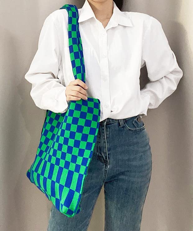 Knit Shoulder Bag for Women Extra Large Plaid Hobo Bag Chic Checkboard Satchel Tote Bag for Work School 2022 Black/White