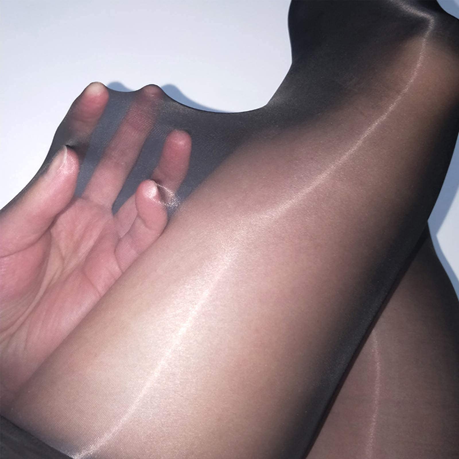 HTRUIYA Women's Oily Shiny Control Top Pantyhose Seamless Sheer Tights 8 Denier High Waist Gloss Stockings-Black