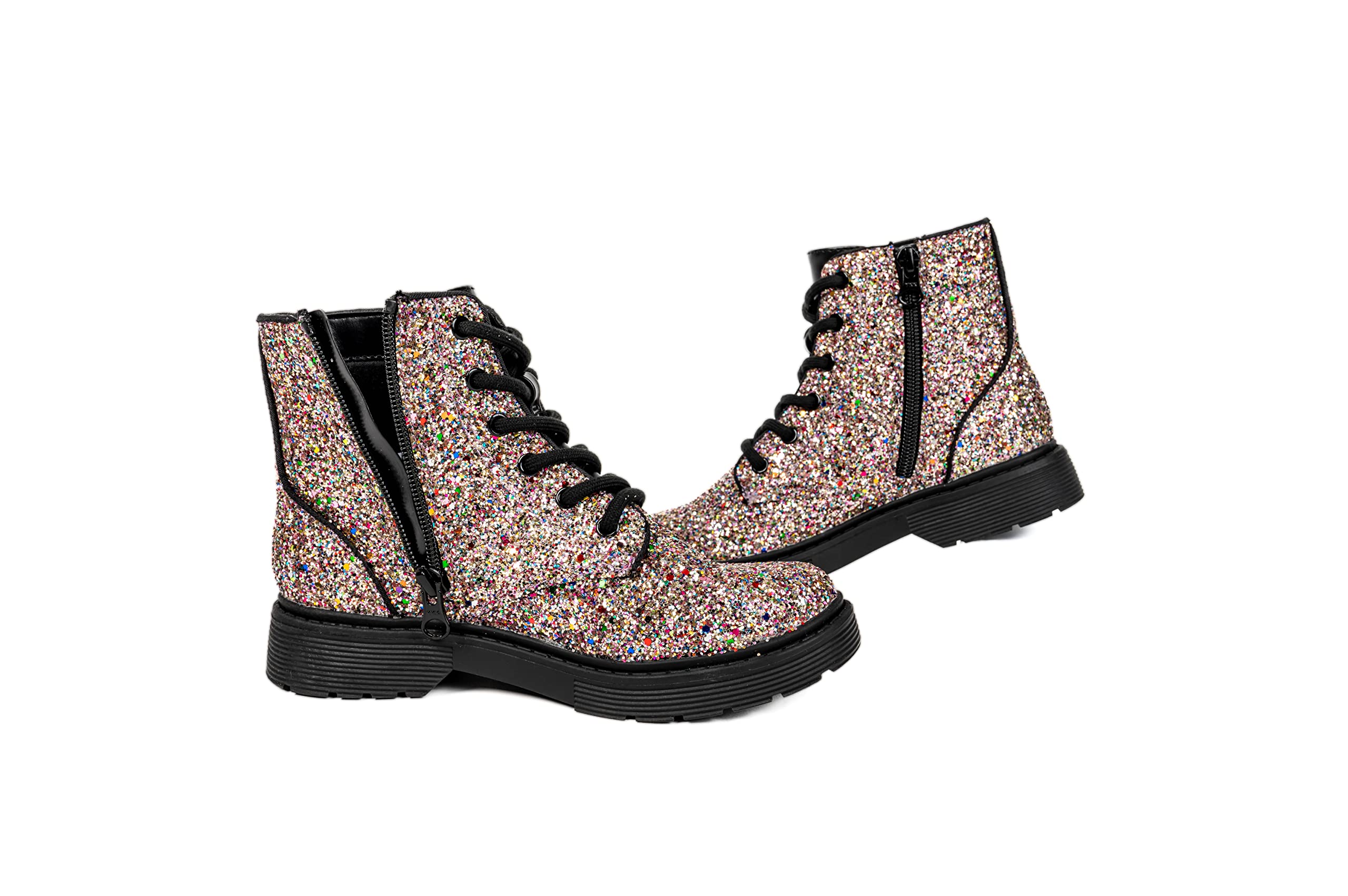 Girls Boys Glitter Ankle Boots Side Zipper Combat Shoes with Lace Up Multi-color size 2.