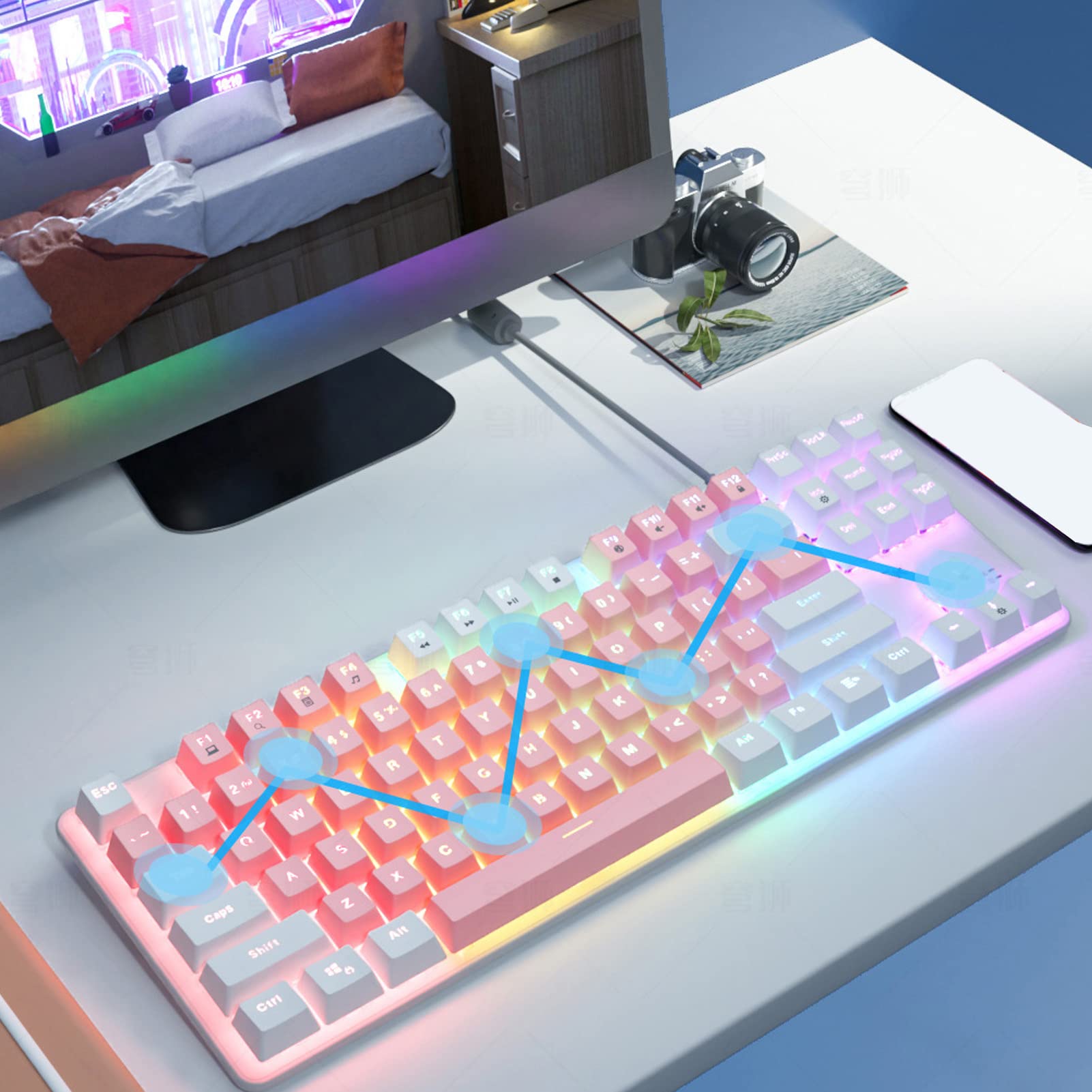 Pomya RGB Backlit Keyboard, 87 Key Mechanical Gaming Keyboard, USB Wired Mechanical Keyboard, Blue Switch for PC Laptop Desktop Computer(Pink White)