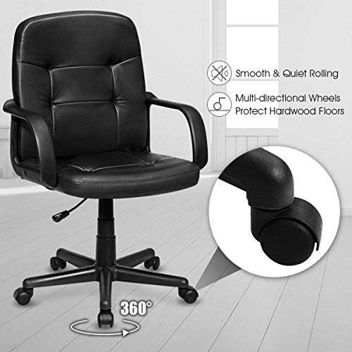 Home Office Furniture Decor Executive Computer Black Swivel Chair Ergonomic Mid-Back Comfortable and Relax Adjustable Seat Height Heavy Duty Chrome Base Soft PU Leather Breathable Sponge Cushion