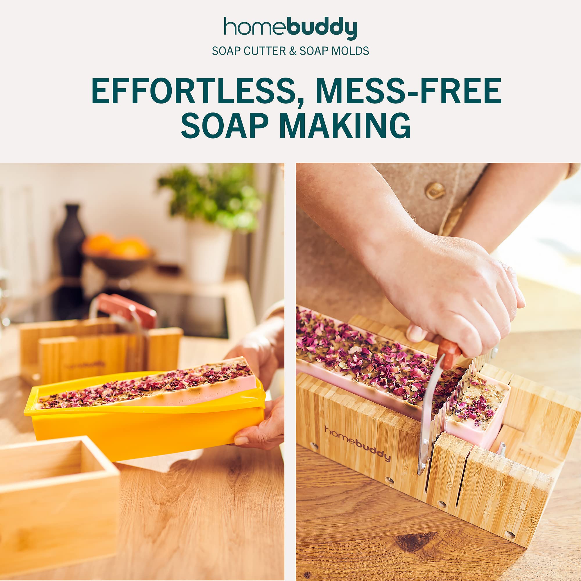 HomeBuddy Soap Molds with Soap Cutter Set - Ultimate Soap Making Supplies, Silicone Mold Making Kit with Bamboo Box and Lid, Adjustable Wooden Soap Mold Cutter - All in One Soap Molds for Soap Making