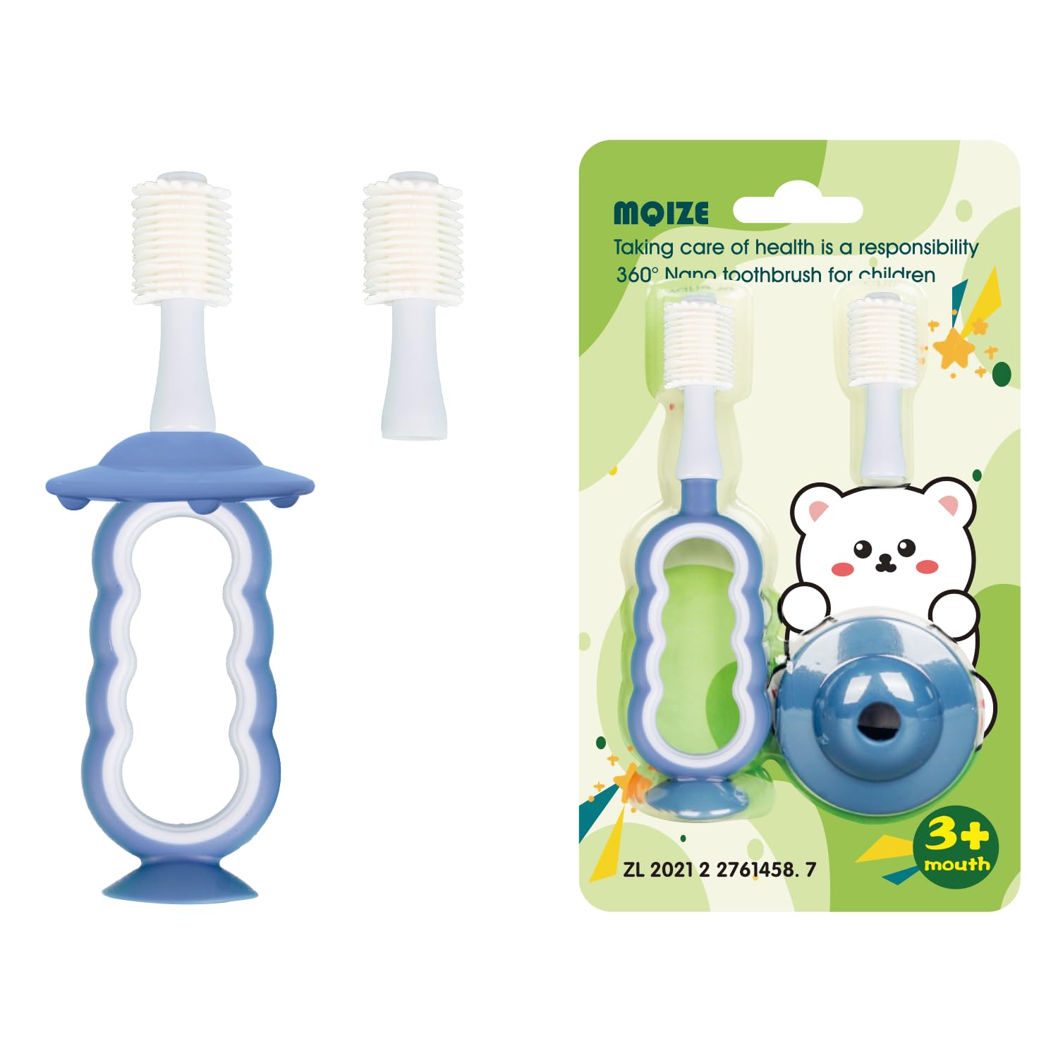 MQIZE 360° Baby Toothbrush Replaceable Baby Tongue Cleaner Clean Adjustable Safety Shield Soft Toddler Training Toothbrush Food Grade Silicone (Blue)