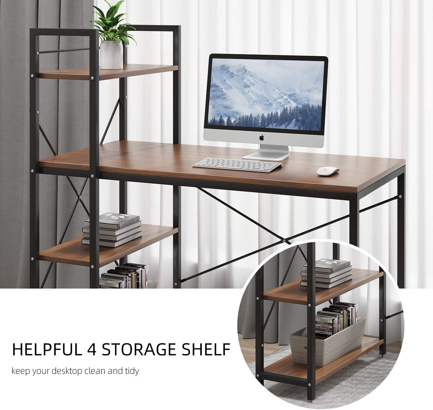 IBAMA Home Office Desk and Shelves, Study Writing Table with Bookshelves Ample Storage Space Modern Frame Compact Wood Desktop Home Work Office Workstation