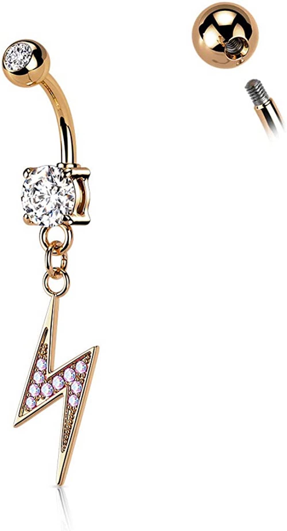 Lightning Bolt Paved with AB CZ Dangle 316L Surgical Steel Jeweled Belly Button Ring (Rose Gold)
