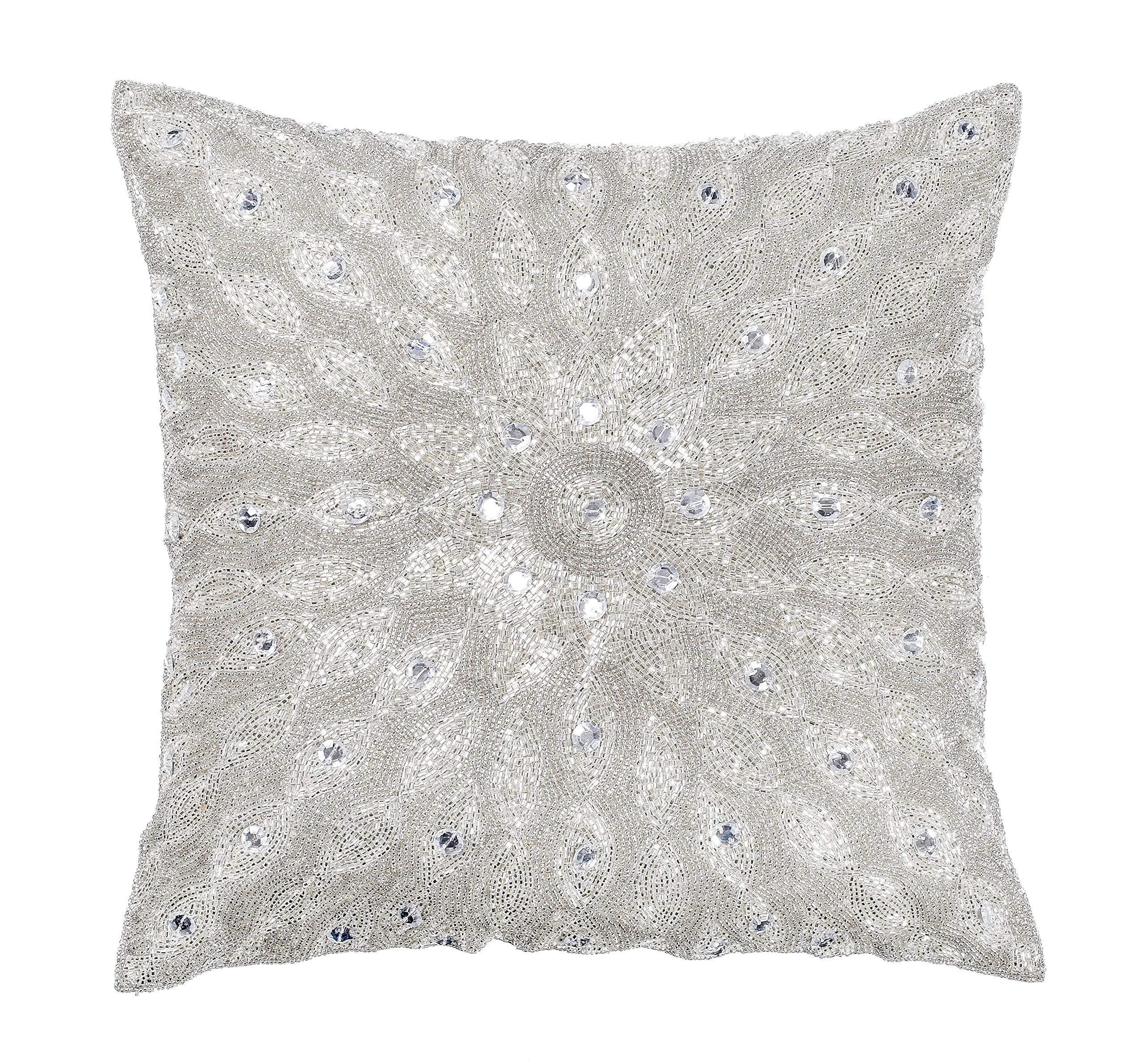 Hand Beaded Decorative Pillow Cover -16x16 Inch - Silver, Handwoven Pillow, Handmade by Skilled Artisans, A Beautiful and Elegant Accessory to Dress up Your Couch, Sofa and Bed - Only Cover - 2 Pack