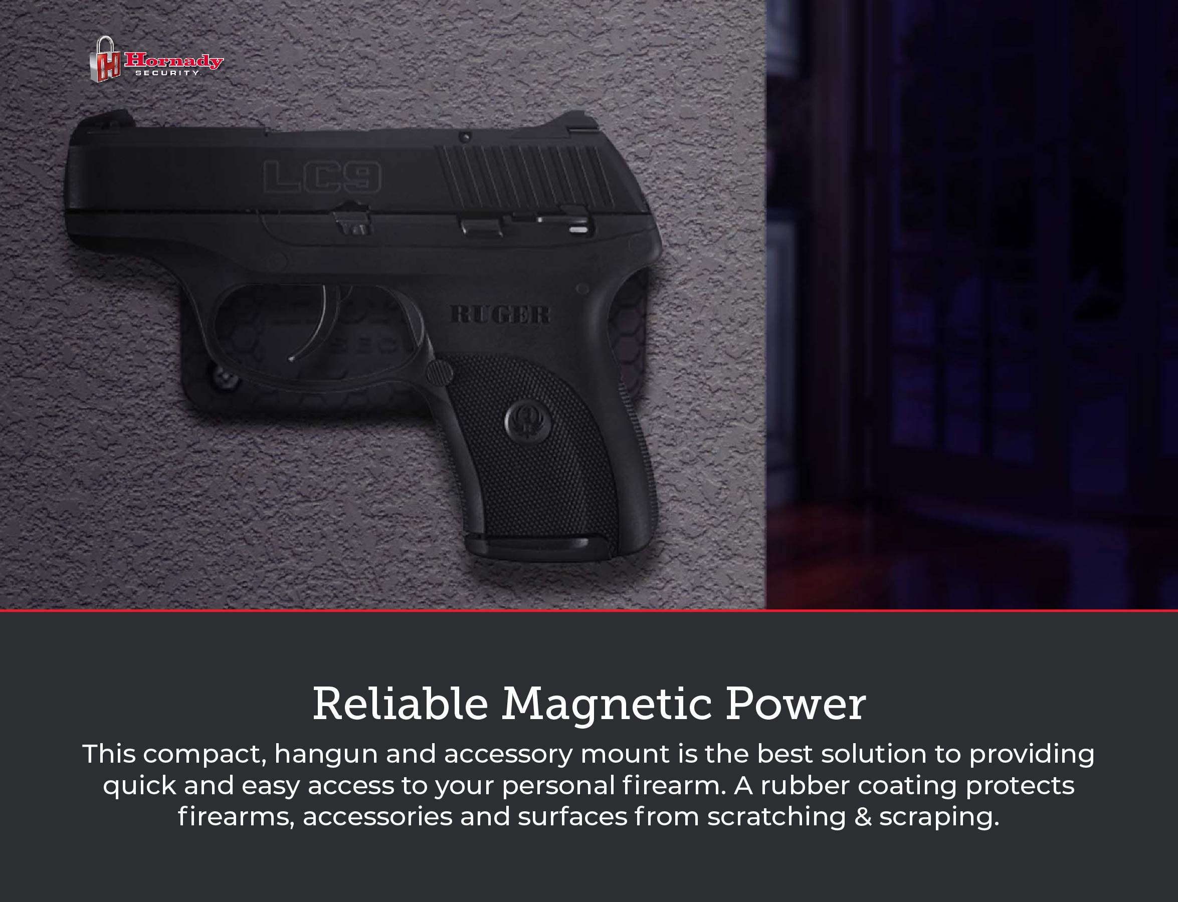 Hornady Magnetic Gun Mount 95910-Non-Scratch Rubber Coated Gun Magnet Mount for Pistols, Handguns, Revolvers, & Firearm Accessories - Magnetic Gun Holder Rated for 43 Pounds, includes Mounting Screws