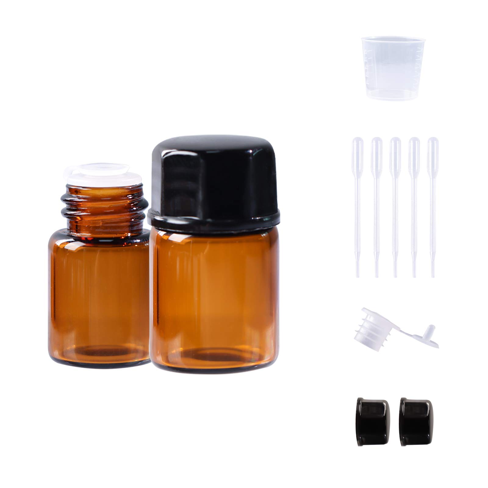 HWASHIN 100 Pack 2ml (5/8 Dram) Amber Mini Glass Essential Oils Sample Bottles with Black Caps for Essential Oils, Perfumes & Lab Chemicals (30ml Measuring Cup and 5 Droppers Included)