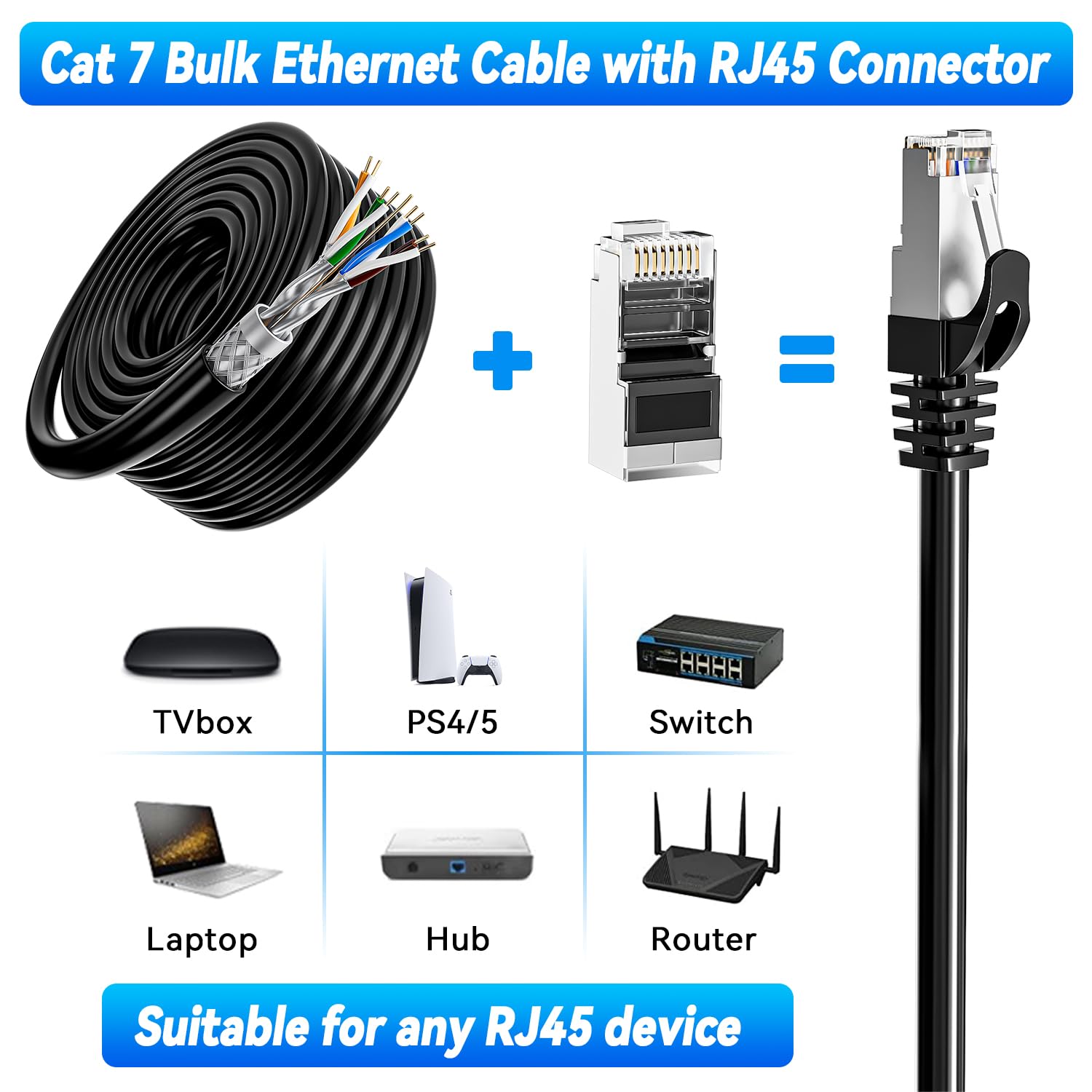 MEIPEK Cat 7 Outdoor Ethernet Cable 328ft,10 RJ45 Connectors, SFTP Triple Shielded, 24 AWG, High Speed, LLDPE, Waterproof, Direct Burial, In-Ground, UV Resistant, Network, LAN, Internet, Cat 7 300+ft