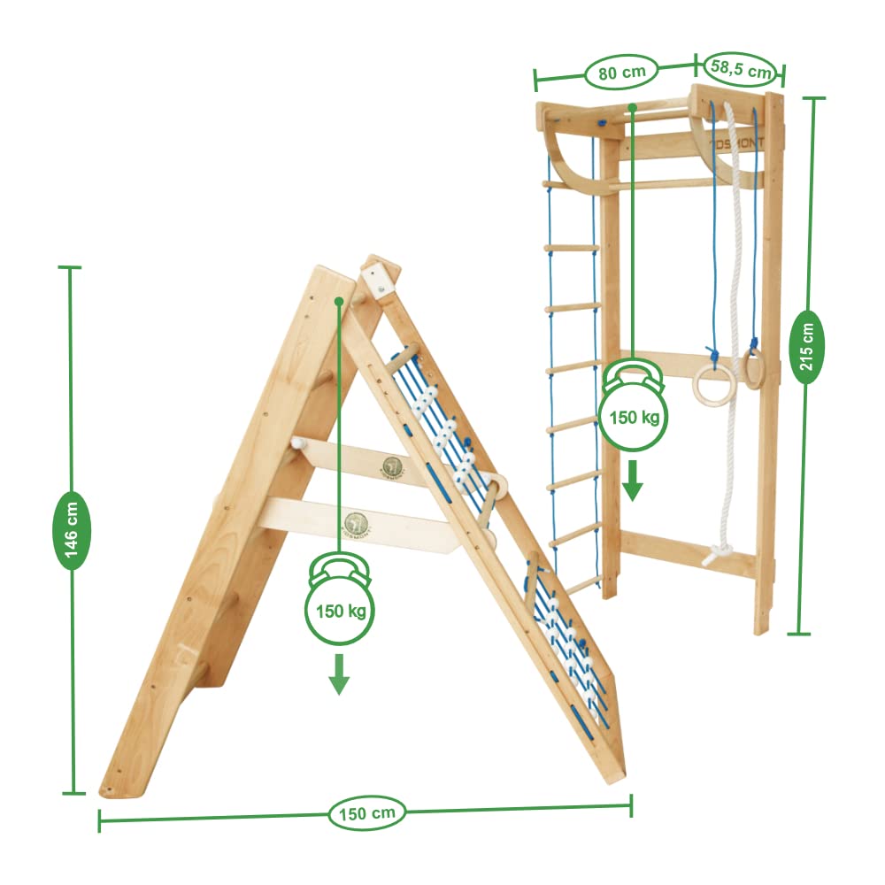 Kidsmont Wall Bars Slim 9-in 1 up to 150 KG Removable Foldable Climbing Frame Climbing Wall Cot Gray Blue White (Gray)