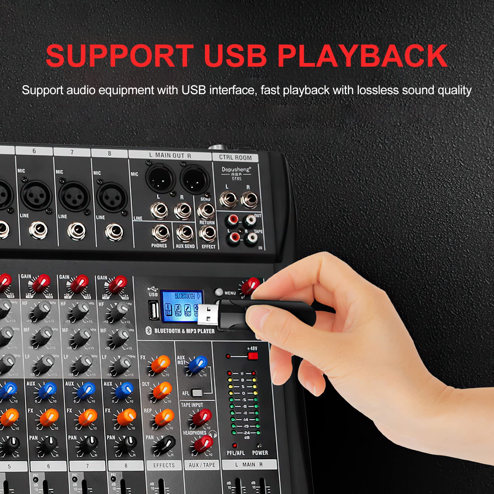 Mixers Audio 8 Channel Mixer, Dj Mixer Board Mixer Audio Bluetooth MP3 Mixer for Music With 48V Phantom Power Stereo FX Analog Digital Effects, Usb Audio Mixer for Karaoke Speakers