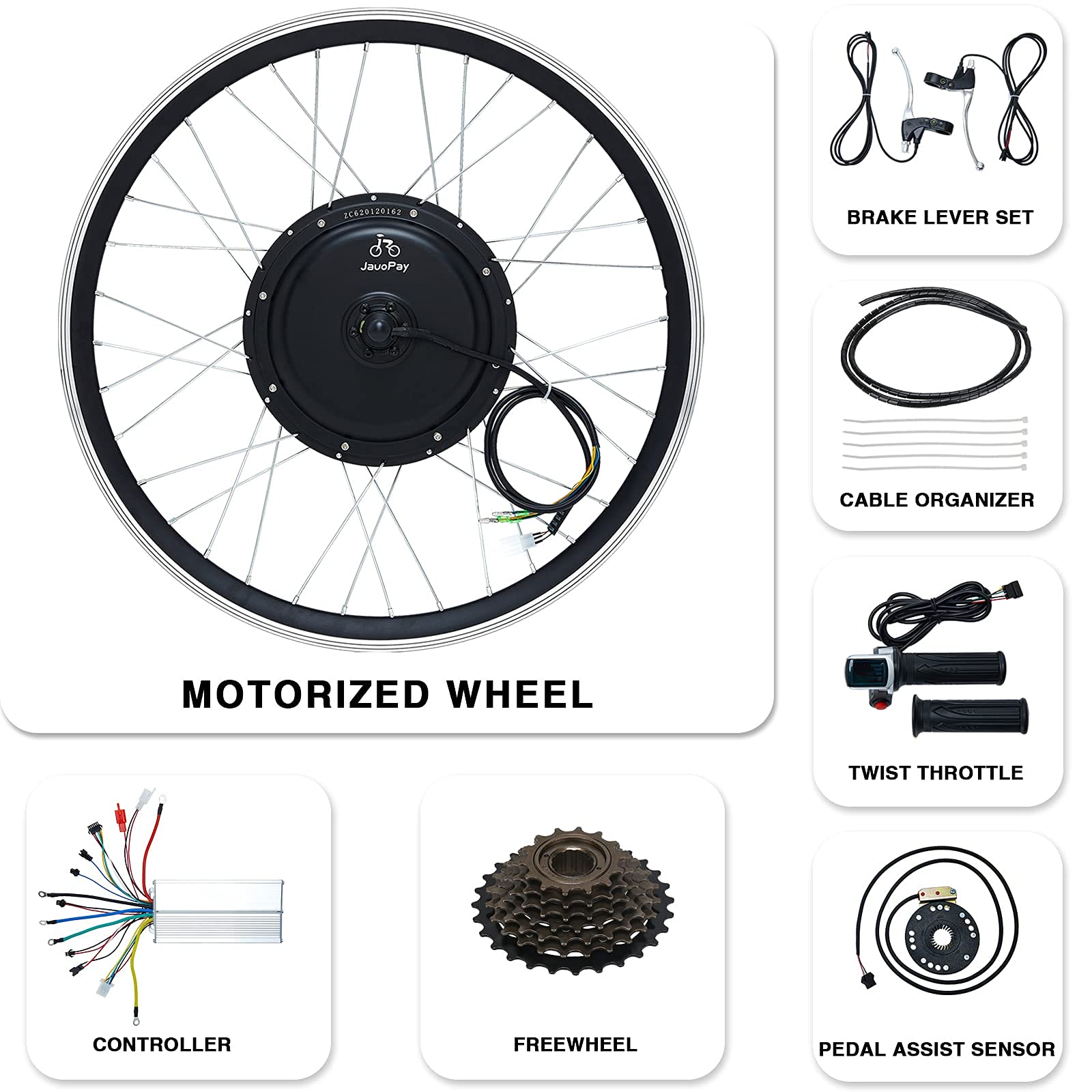 JAUOPAY Electric Bicycle Conversion Kit, 36V 750W EBike Brushless Gearless Hub Motor, 22.5" Rear Wheel Frame for 26" x 1.95"~2.125" Tire, Dual Mode Controller
