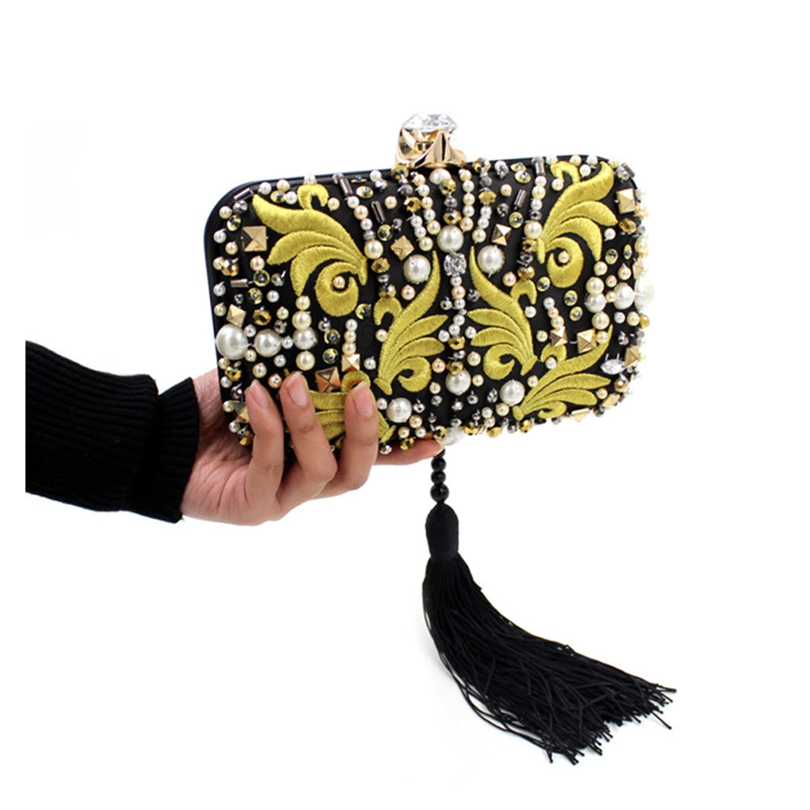 Mayeec Evening Clutch Pearl Beads Embroidery Clutch Bag Black Tassels Crystal Evening Bag Bridal Wedding Luxury Handbag (Color : Black)