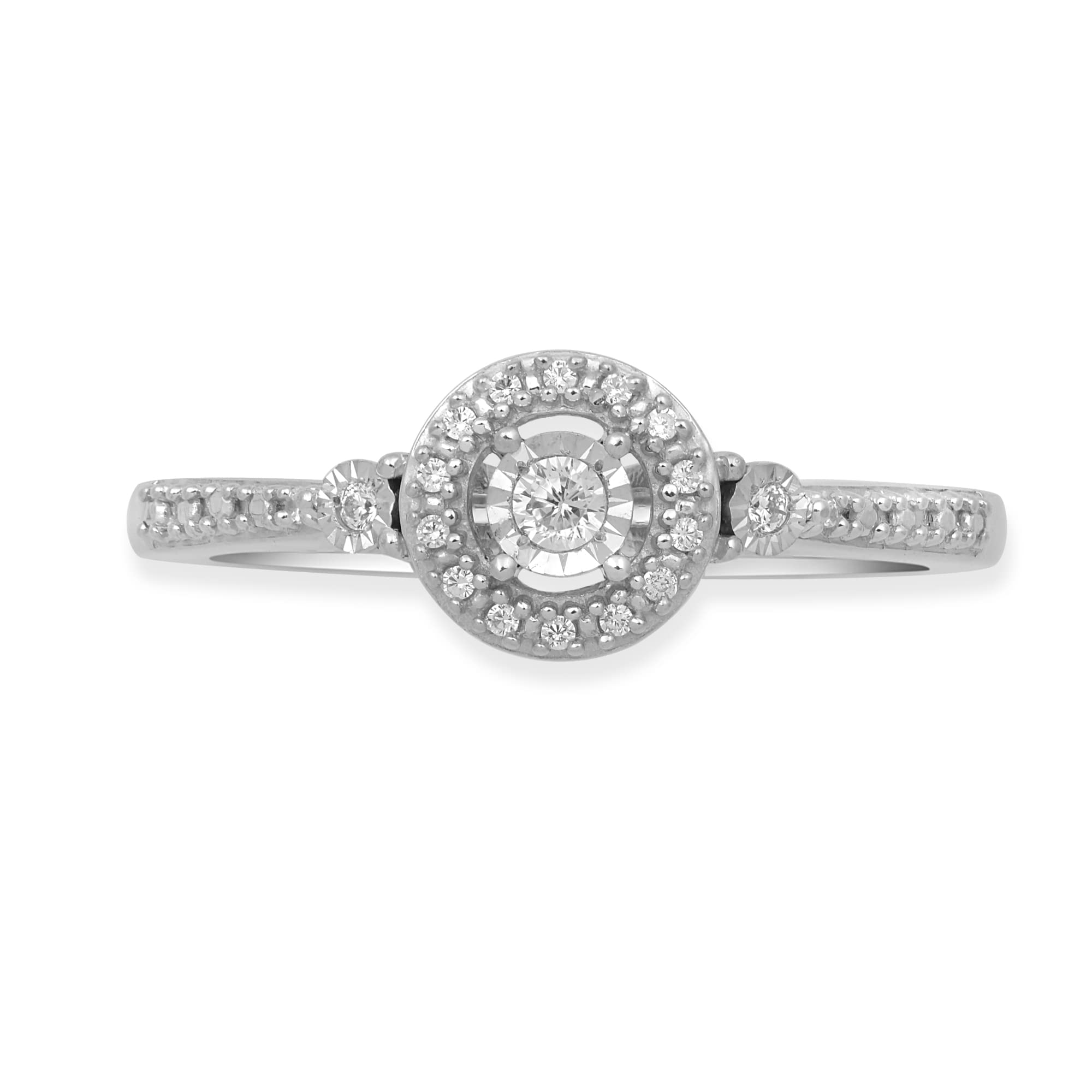 Jewelili Sterling Silver 1/10 Cttw Natural White Round Diamond Miracle Plate Halo Engagement Ring, Size 7