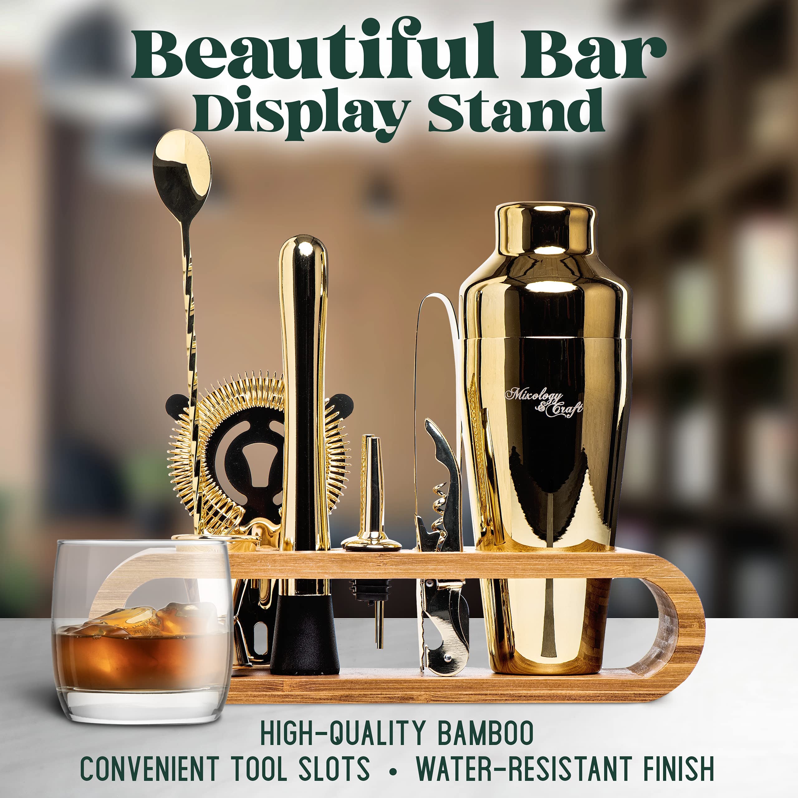 Mixology Bartender Kit: 10-Piece Bar Tool Set with Bamboo Stand | Perfect Home Bartending Kit and Martini Cocktail Shaker Set For a Perfect Drink Mixing Experience | Fun Housewarming Gift (Gold)