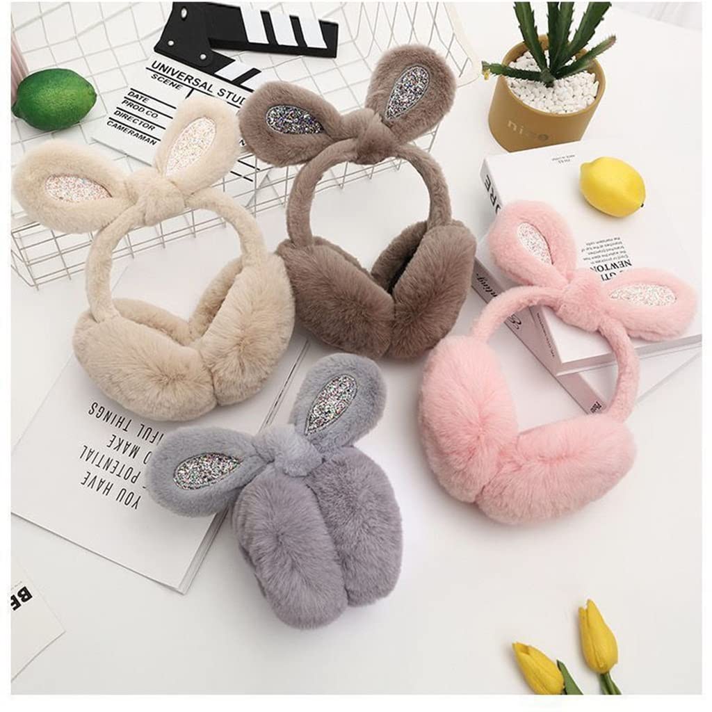 MMLLZEL Khaki Winter Earmuffs for Women Cute Rabbit Ears Warm Earflaps Thicken Furry Fold Ear Muffs Ear Cover Protector Solid Letter Ear Muffs
