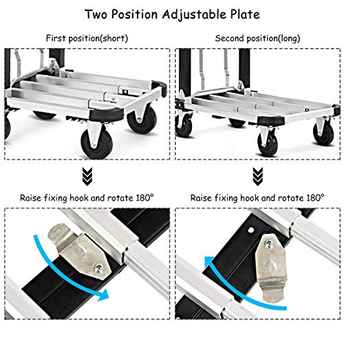 HWZQHJY Folding Aluminum Platform Truck, 4-Wheel Dolly Cart, Height and Length Adjustable, 330-lb Capacity, Silver