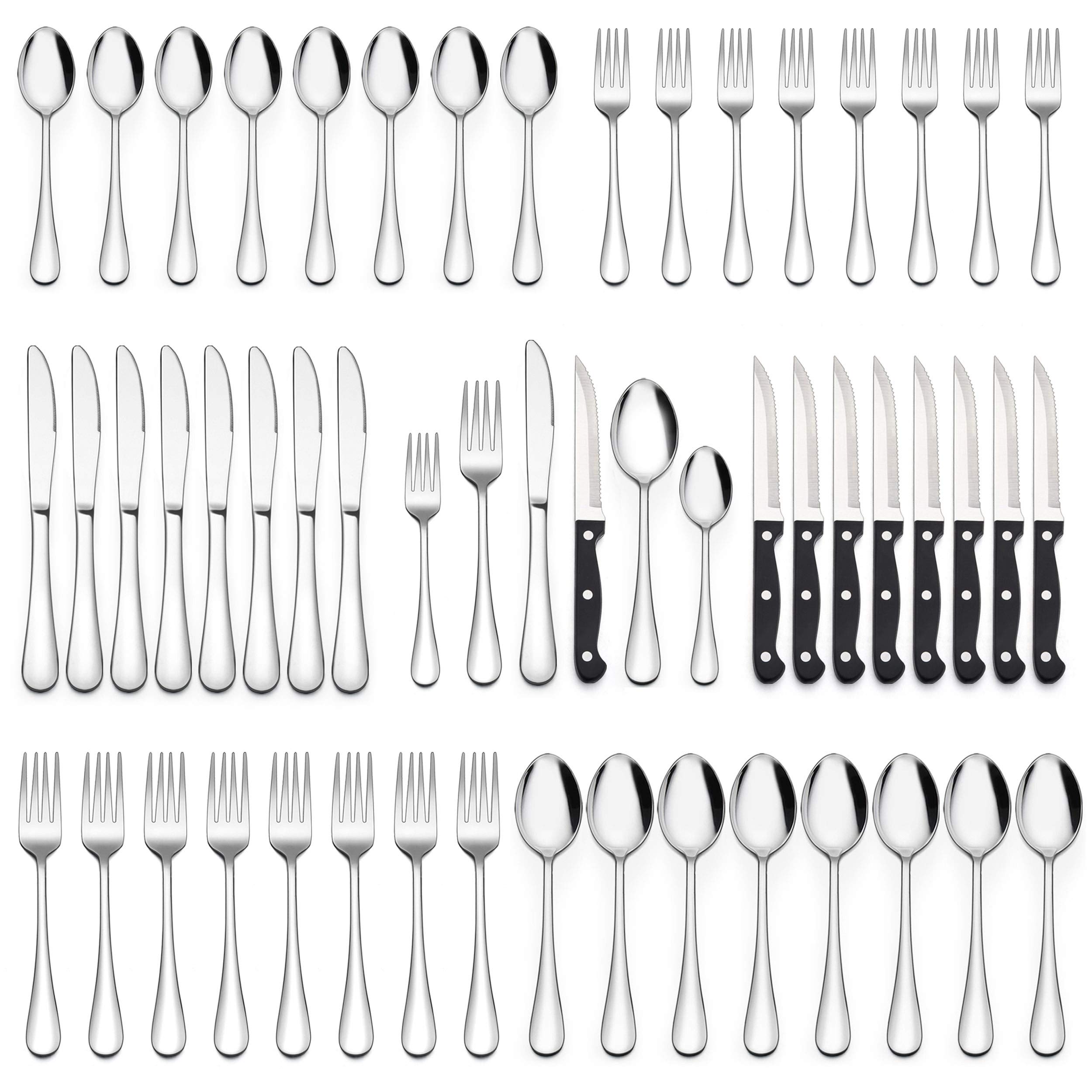 LIANYU 48-Piece Silverware Set with Steak Knives, Stainless Steel Flatware Cutlery Set for 8, Fancy Eating Utensils Tableware, Dishwasher Safe, Mirror Finish