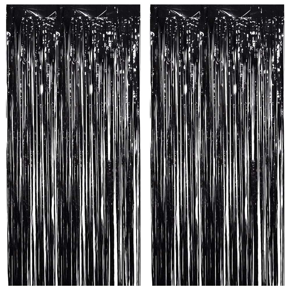 Hooqict 2 Pack Black Foil Fringe Curtains Large Metallic Foil Photo Backdrop for Halloween Decorations Birthday Bachelorette Wedding Party Supplies