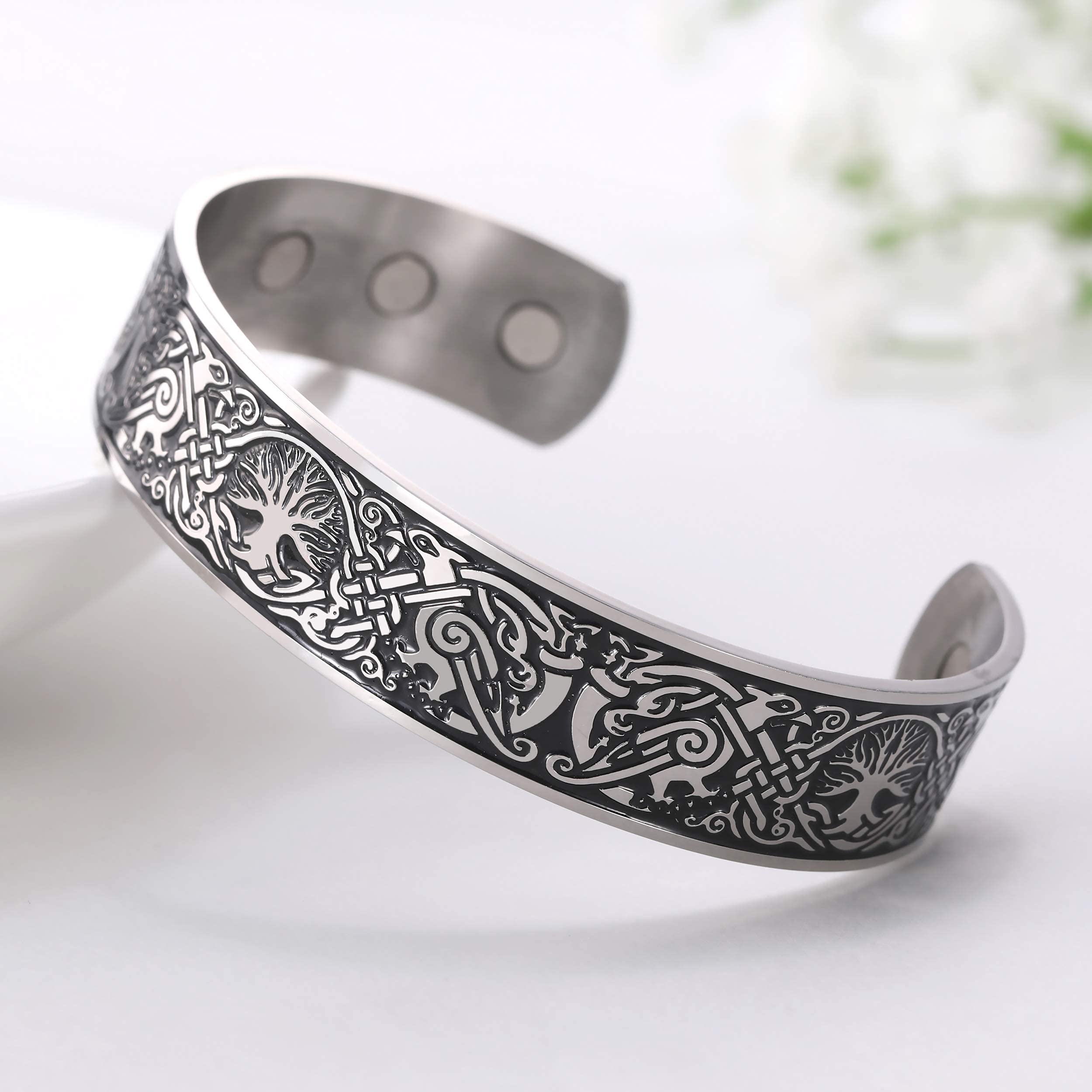 LIKGREAT Viking Tree of Life Hugin Munin Raven Magnetic Barcelet, Celtic Knot Bangle (black)