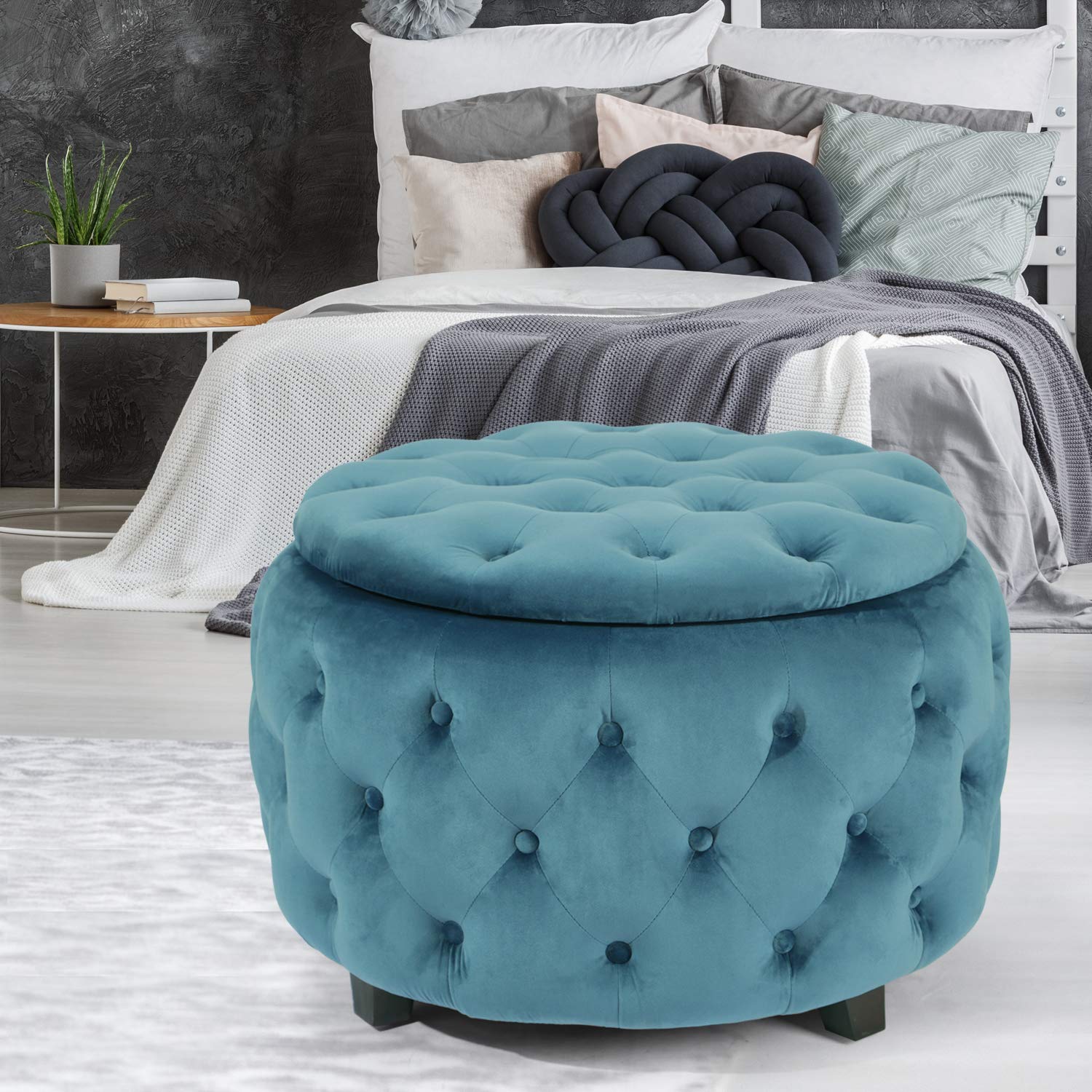 Homebeez Round Velvet Storage Ottoman, Button-Tufted Footrest Stool with Wood Legs (Teal) Medium