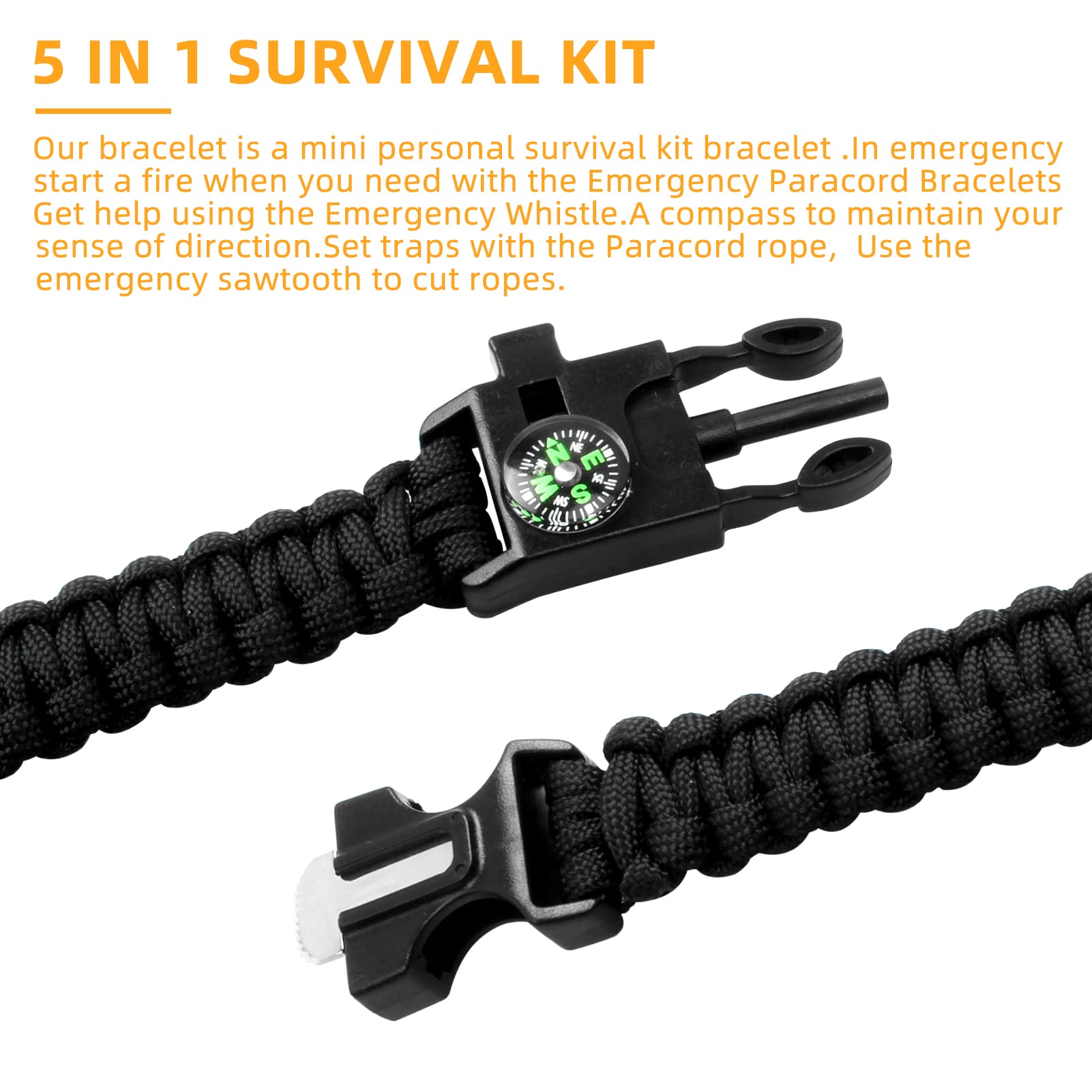 Jawflew Emergency Paracord Bracelets, Survival Bracelet with Embedded Compass Whistle Survival Fire Starter Scraper Accessories, Suit For Hiking, Camping, Fishing and Hunting (2PC, Black)