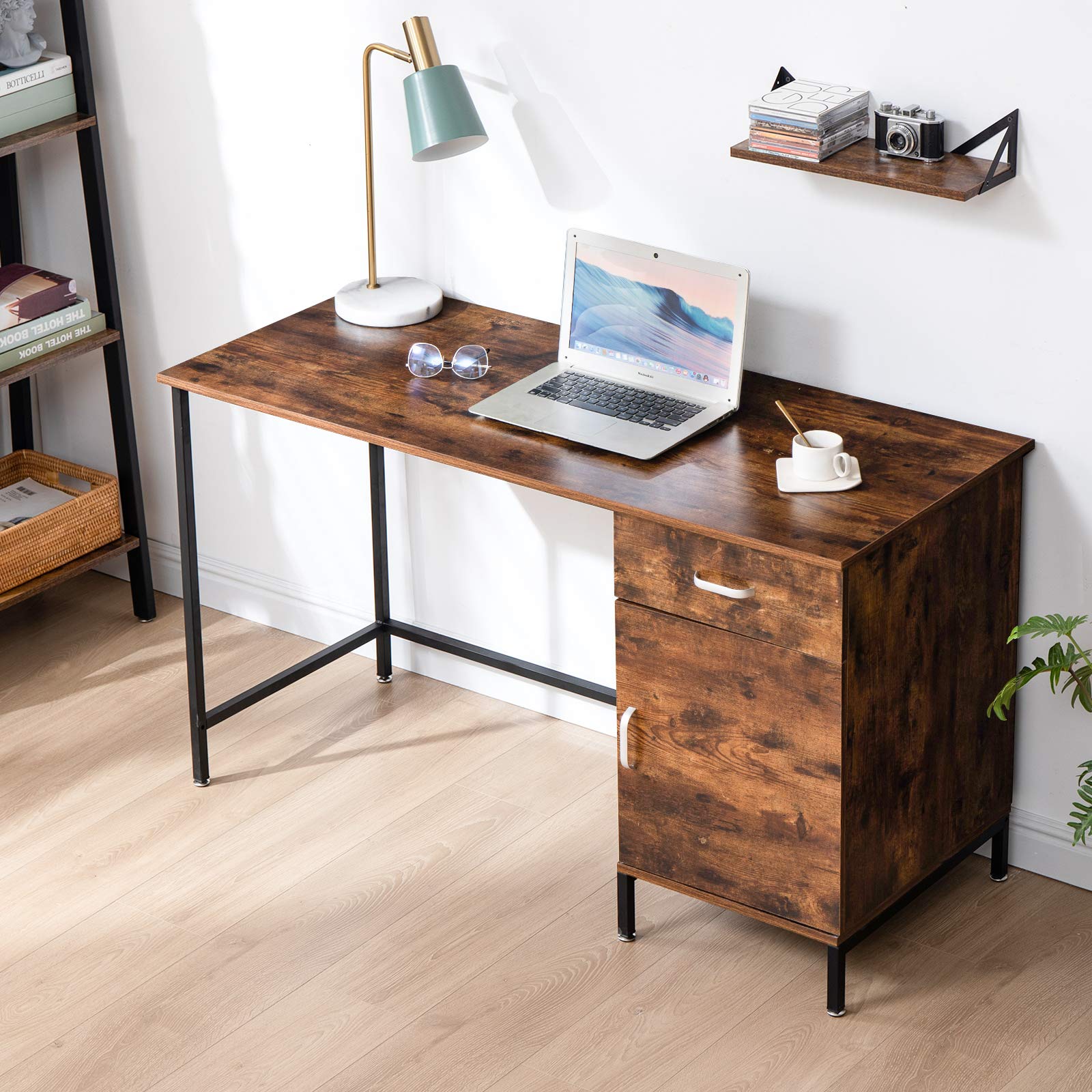 IBUYKE Industrial Computer Desk with Storage Cabinet, Modern Office Desk with Drawer, Space-Saving Corner Table Stand, Study Workstation for Home Office, Easy to Assemble, Rustic Brown UTMJ055H