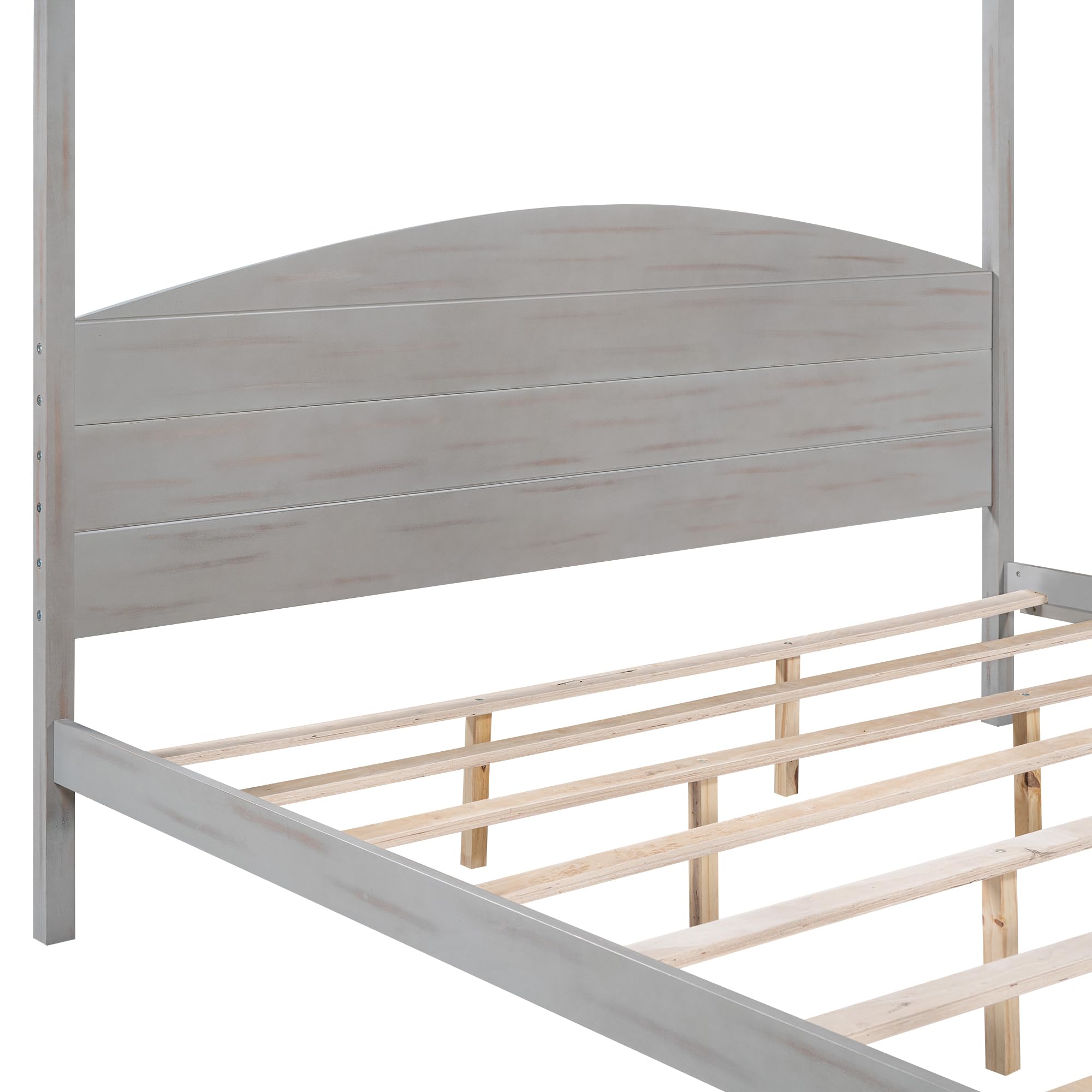 HBRR King Size Canopy Bed, Wood Platform Floor Bed with Headboard and Slat Support Leg, 4 Posters King Bed Frame for Kids Teens Adults, No Box Spring Needed, Grey