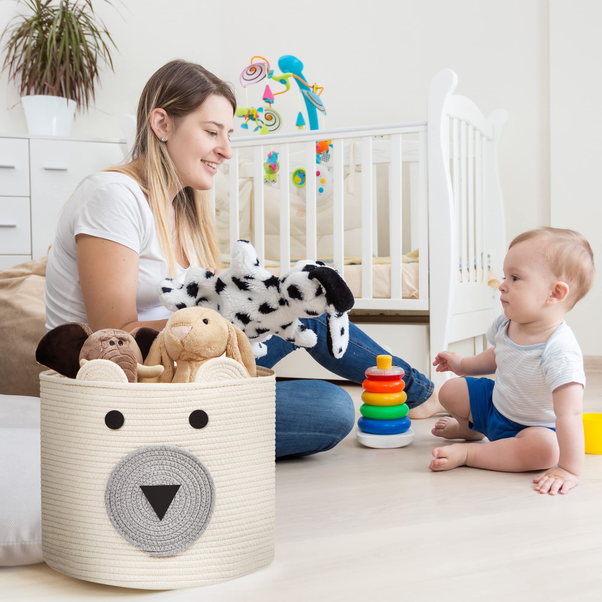 MELLBAY Cotton Rope Storage Basket, Cute Bear Toy Basket with Handles, Nursery Storage, Baby Laundry Basket, Clothes, Towels, Animal Baskets as Gift for Kids, christmas baskets, White, 16”(D) x 14”(H)